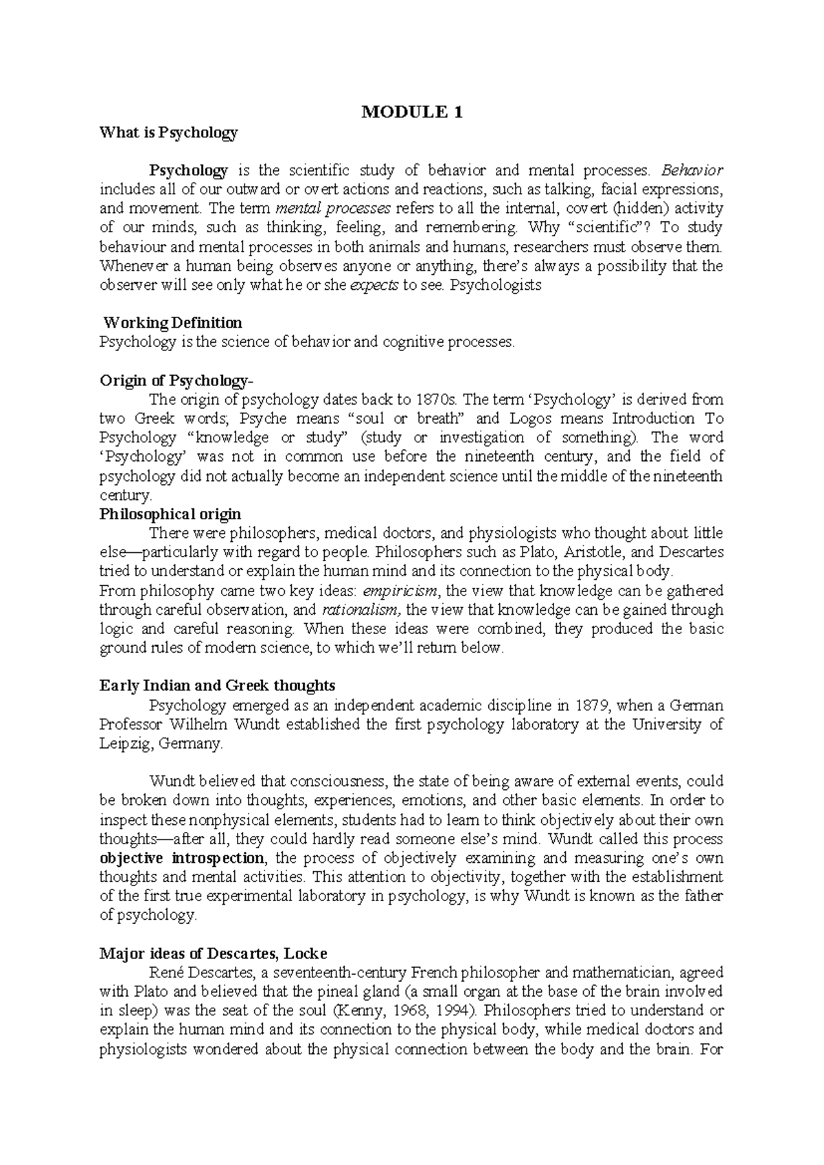 Foundations - Module 1 - MODULE 1 What is Psychology Psychology is the scientific study of ...