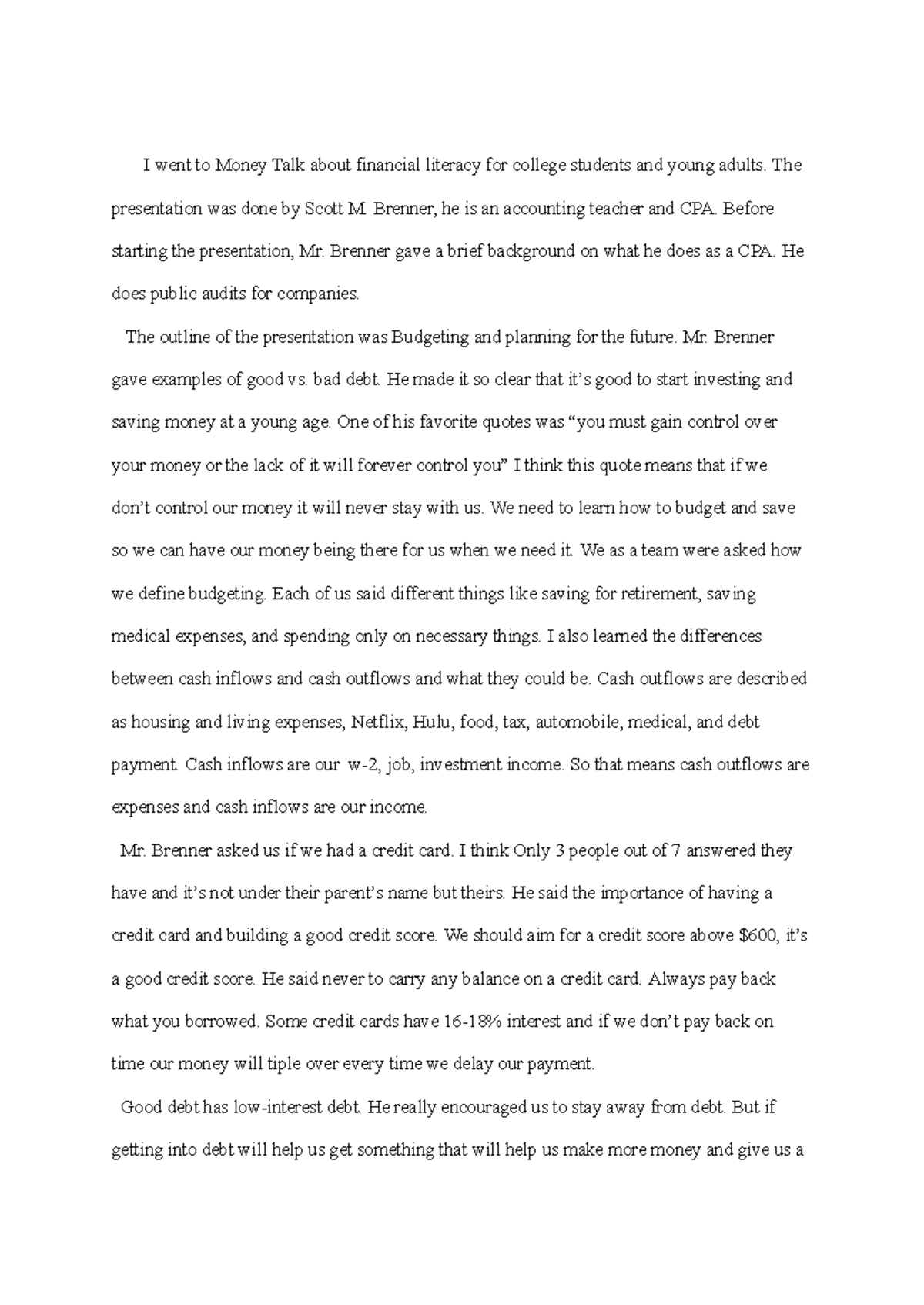 Money talk - I went to Money Talk about financial literacy for college ...