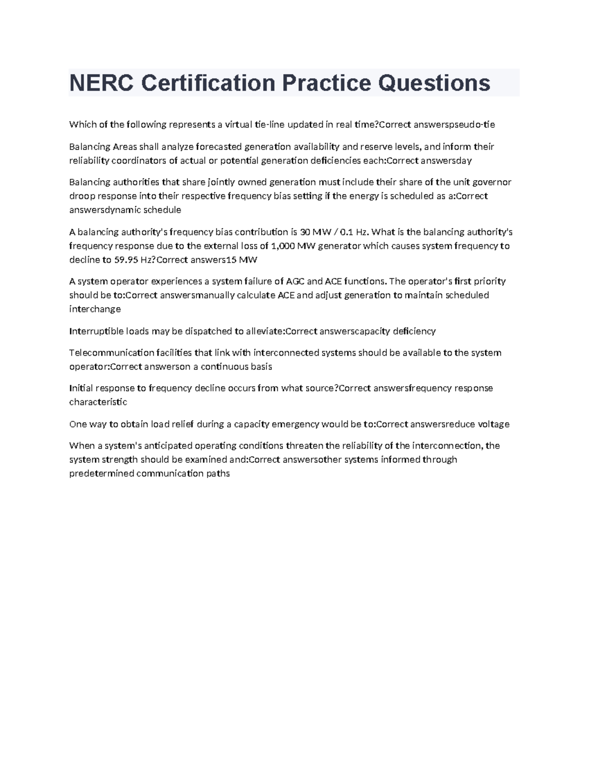 NERC Certification Practice Questions - What is the balancing authority ...