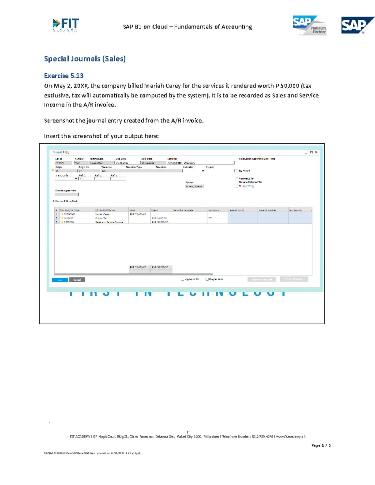 Exercise 5 - Sap activity - Special Journals (Sales) Exercise 5. On May ...