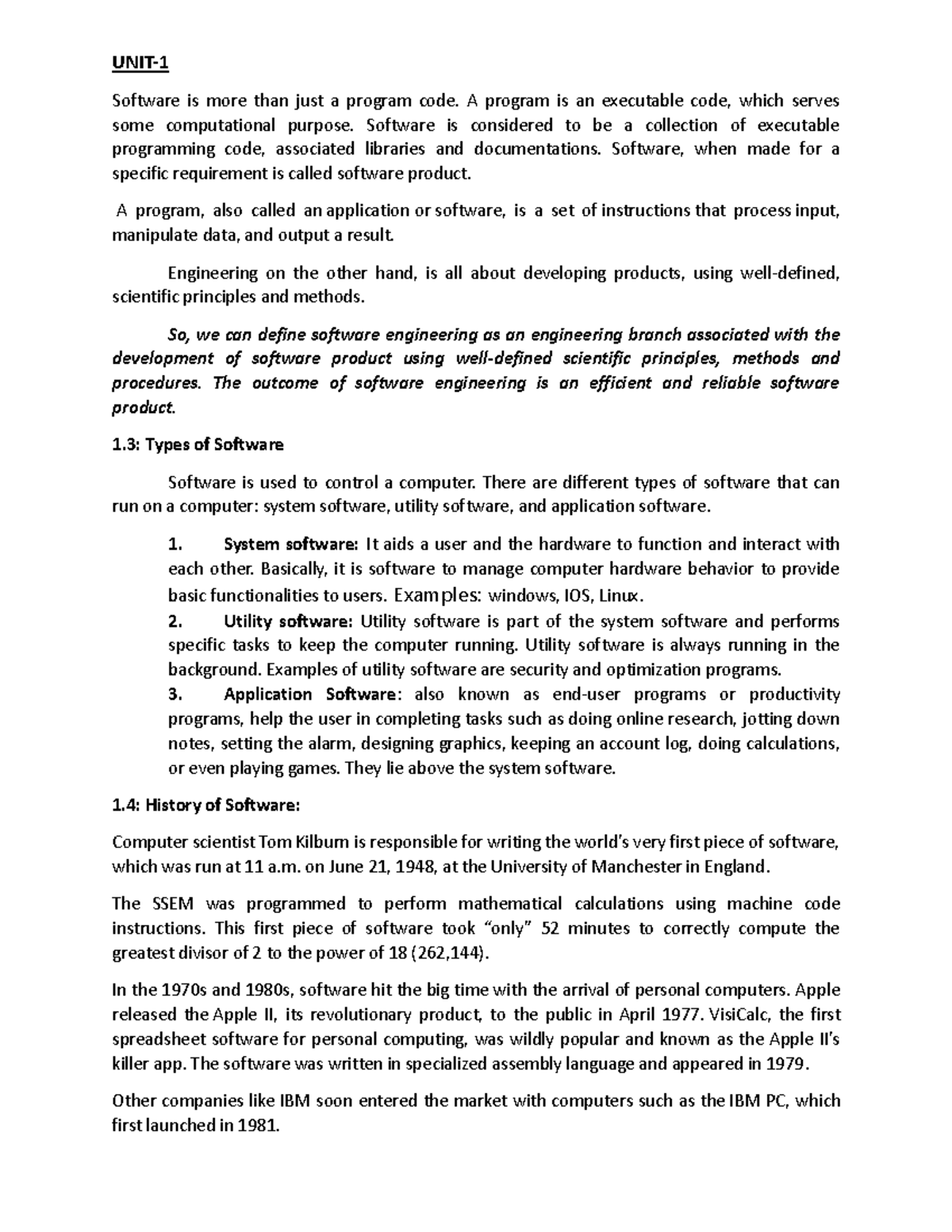 OOSEunit 1 - This is also a lecturer note - UNIT- 1 Software is more ...