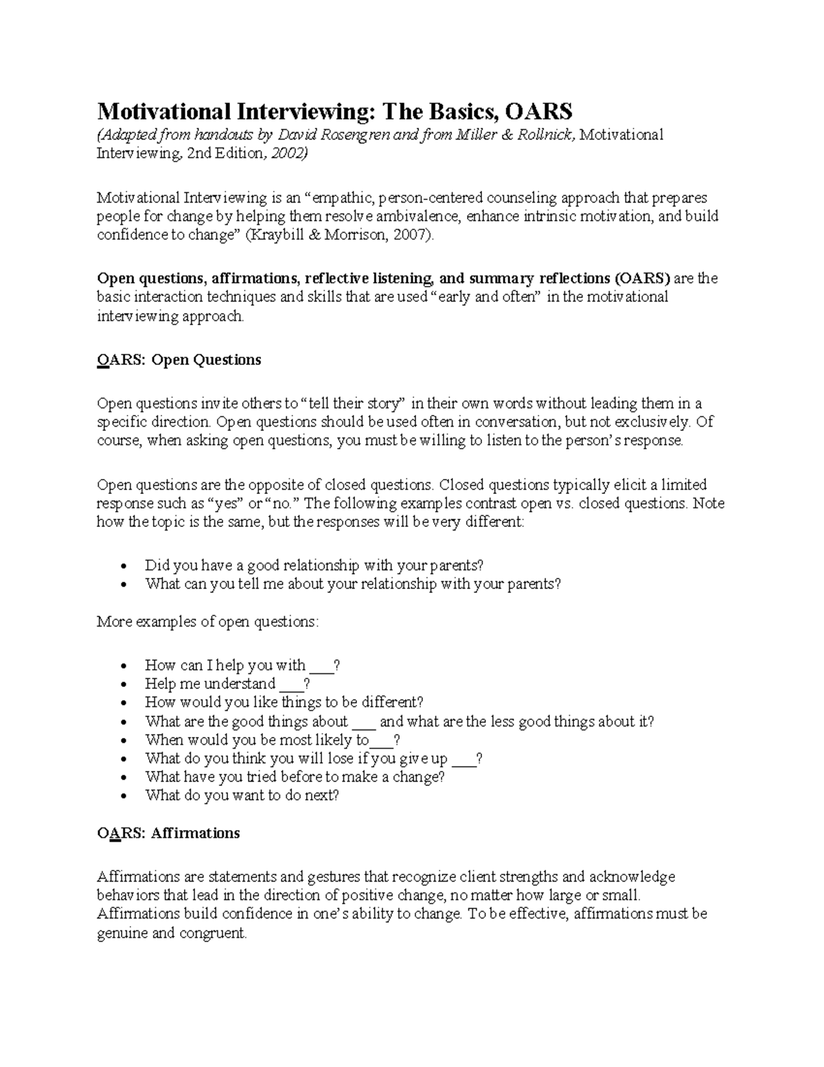 Motivational Interviewing - The Basics (OARS) - Motivational ...