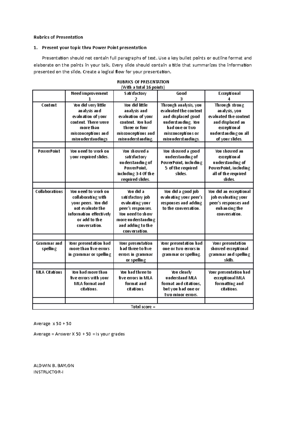Rubrics of Presentation 1 - Present your topic thru Power Point ...