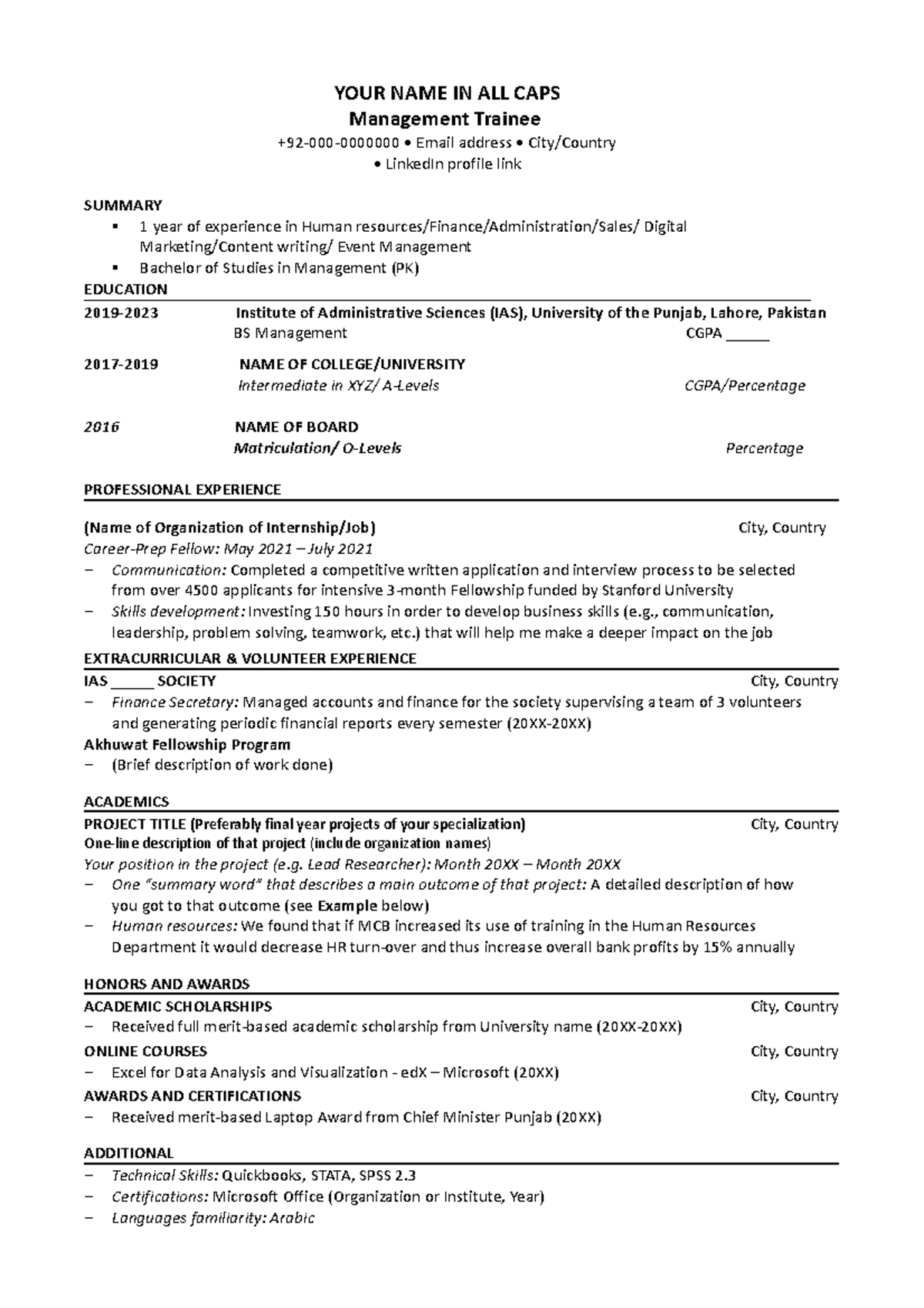 Resume template for BS Management IAS - YOUR NAME IN ALL CAPS ...
