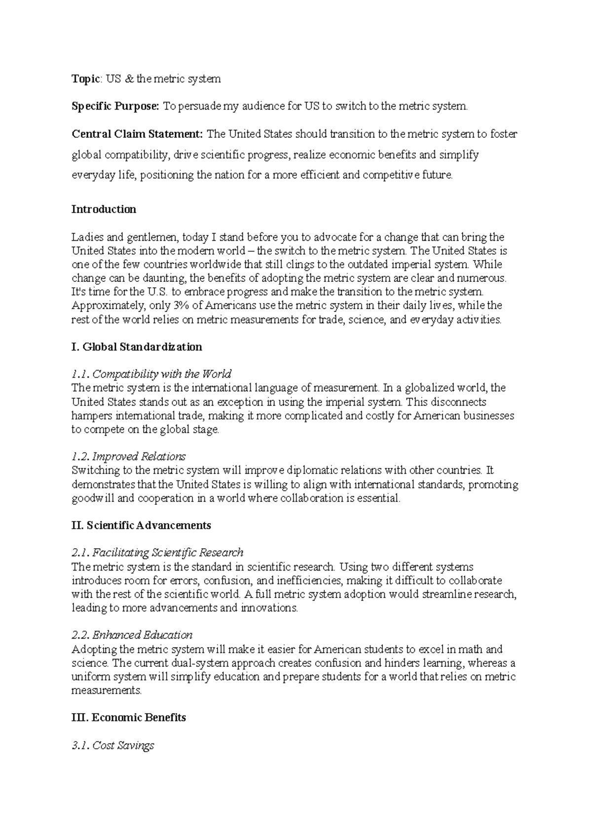 Persuasive speech - metric system - Topic: US & the metric system ...