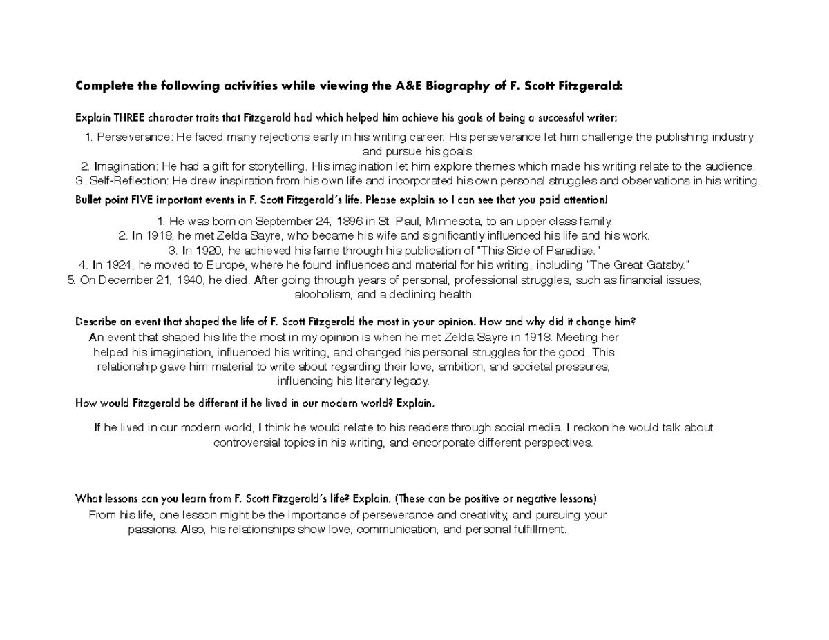 Fitzgerald bio assignment - Complete the following activities while ...