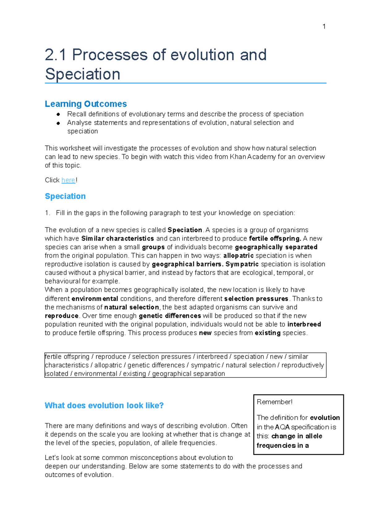 Speciation Worksheet; Chapter 14 - 1 2 Processes of evolution and ...