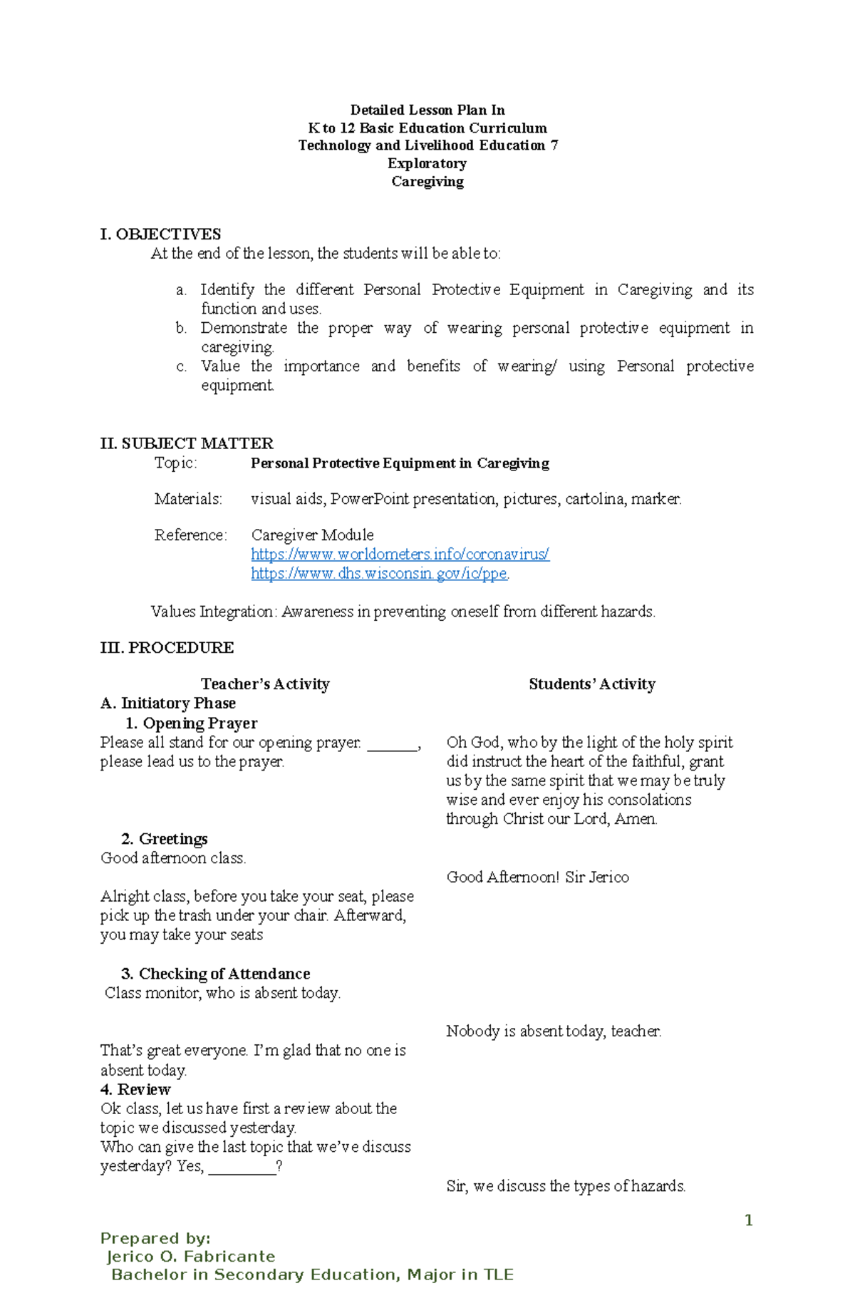 Detailed Lesson PLAN IN Caregiving PPE - Detailed Lesson Plan In K to ...