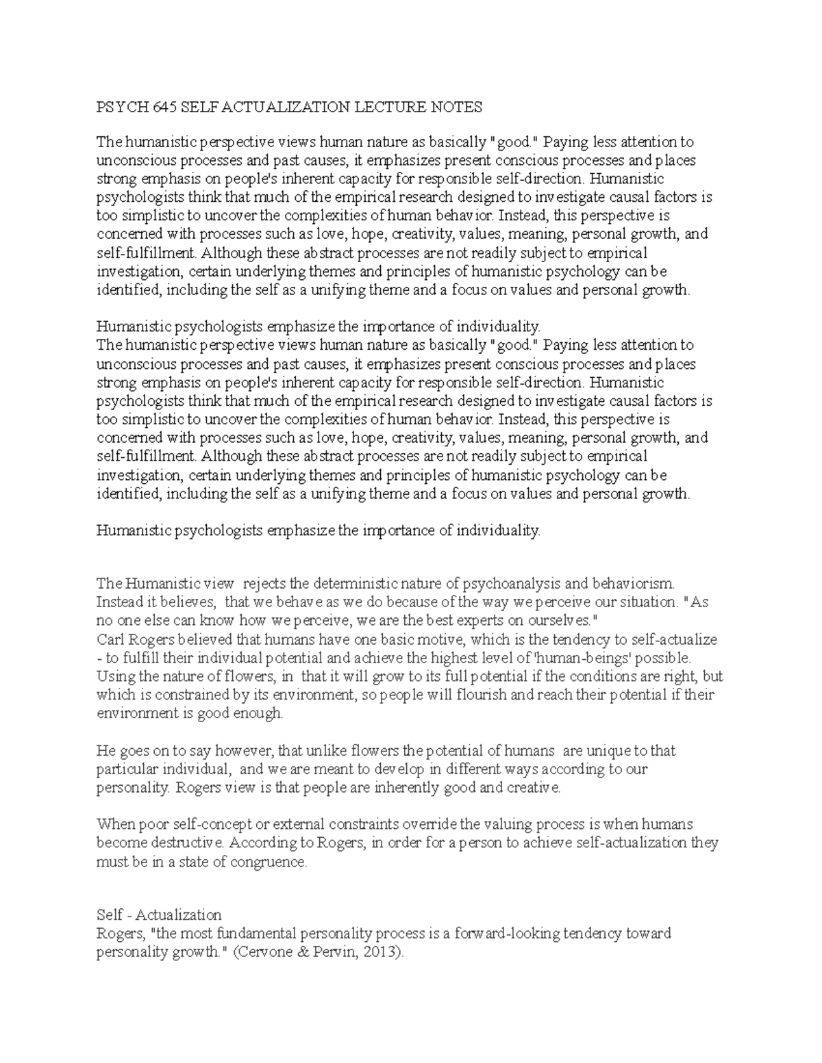 PSYCH 645 SELF Actualization Lecture Notes - PSYCH 645 SELF ...