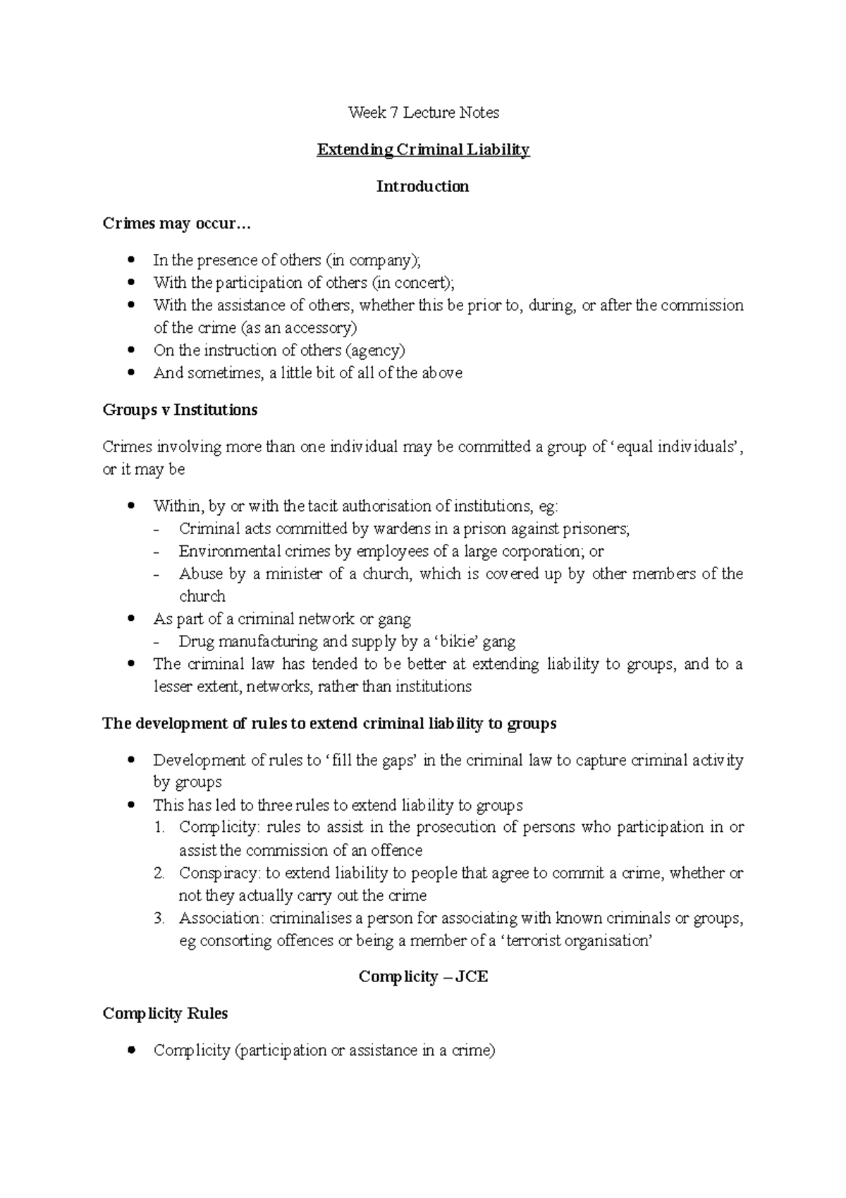 Week 7 Lecture Notes Week 7 Lecture Notes Extending Criminal Liability Introduction Crimes May