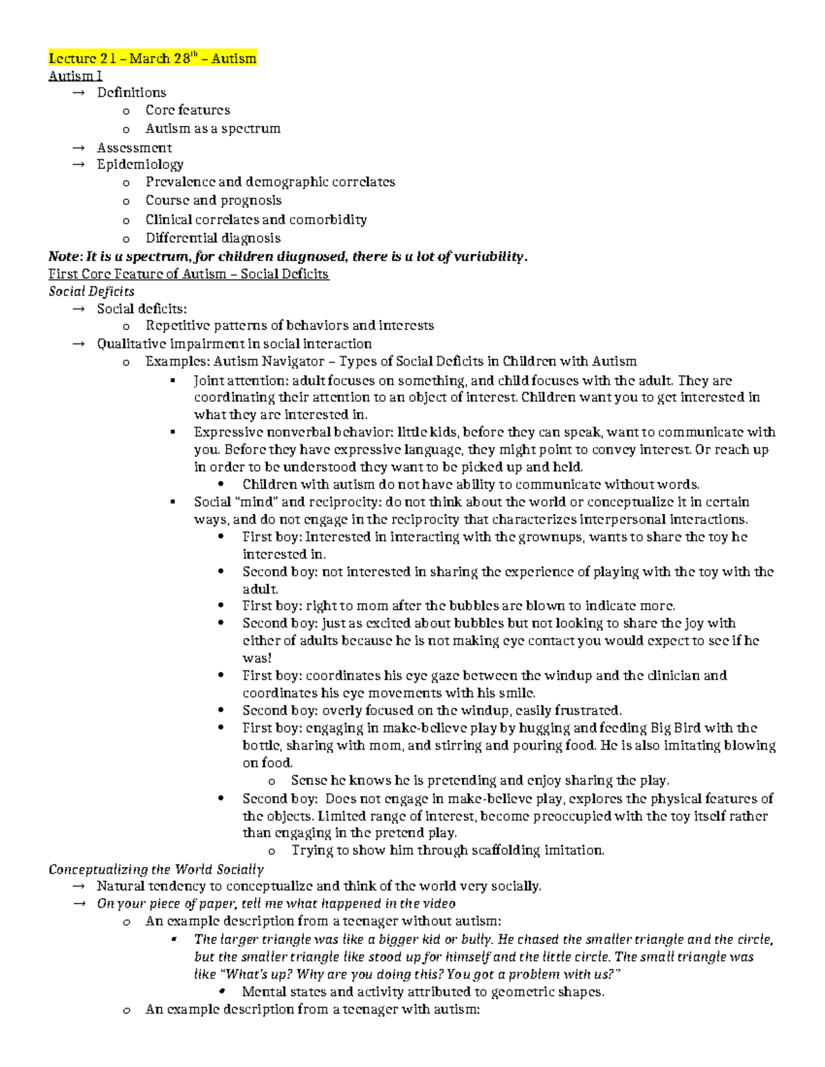 Lecture 21 Autism 1 - Notes - Lecture 21 – March 28th – Autism Autism I ...
