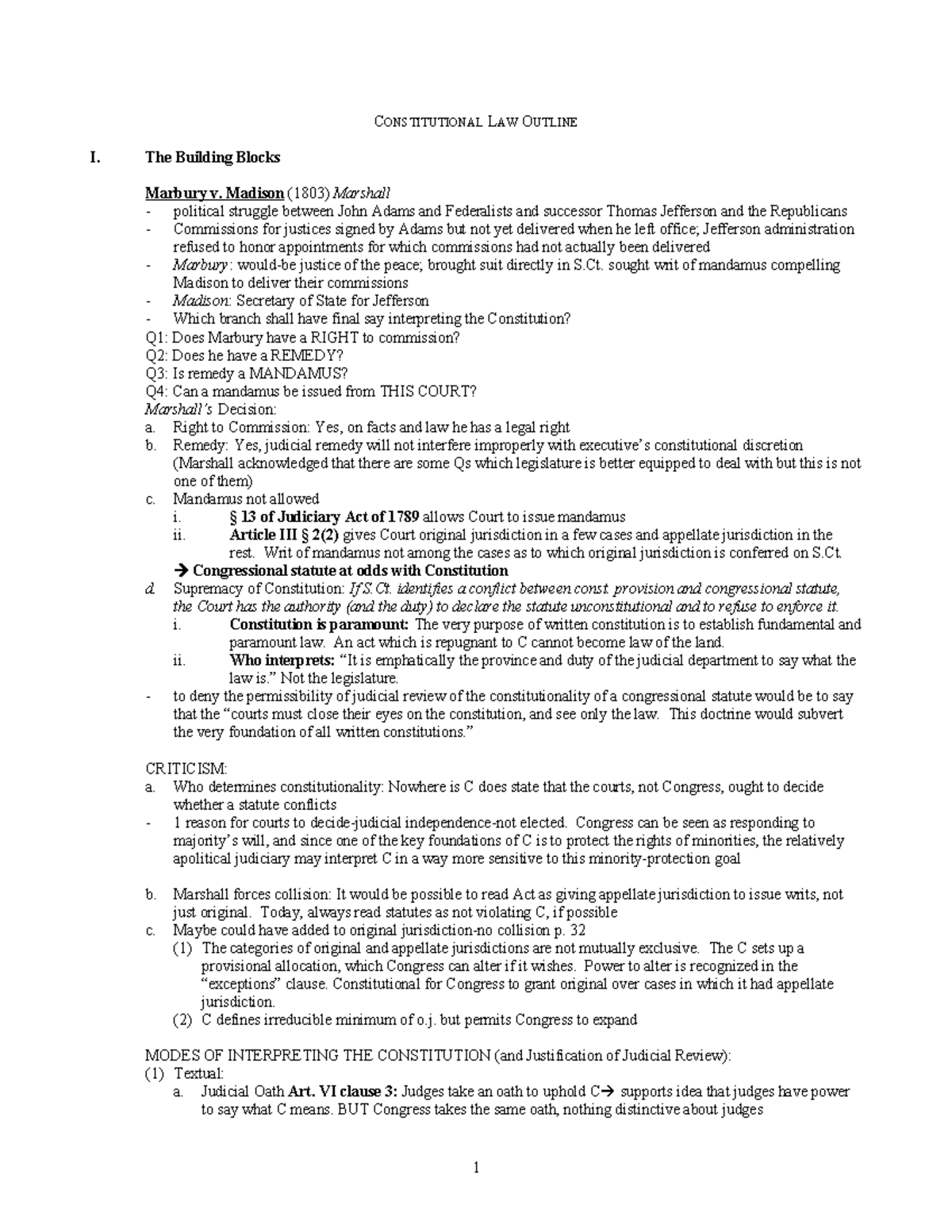 Pildes - Con Law outline - CONSTITUTIONAL LAW OUTLINE I. The Building ...