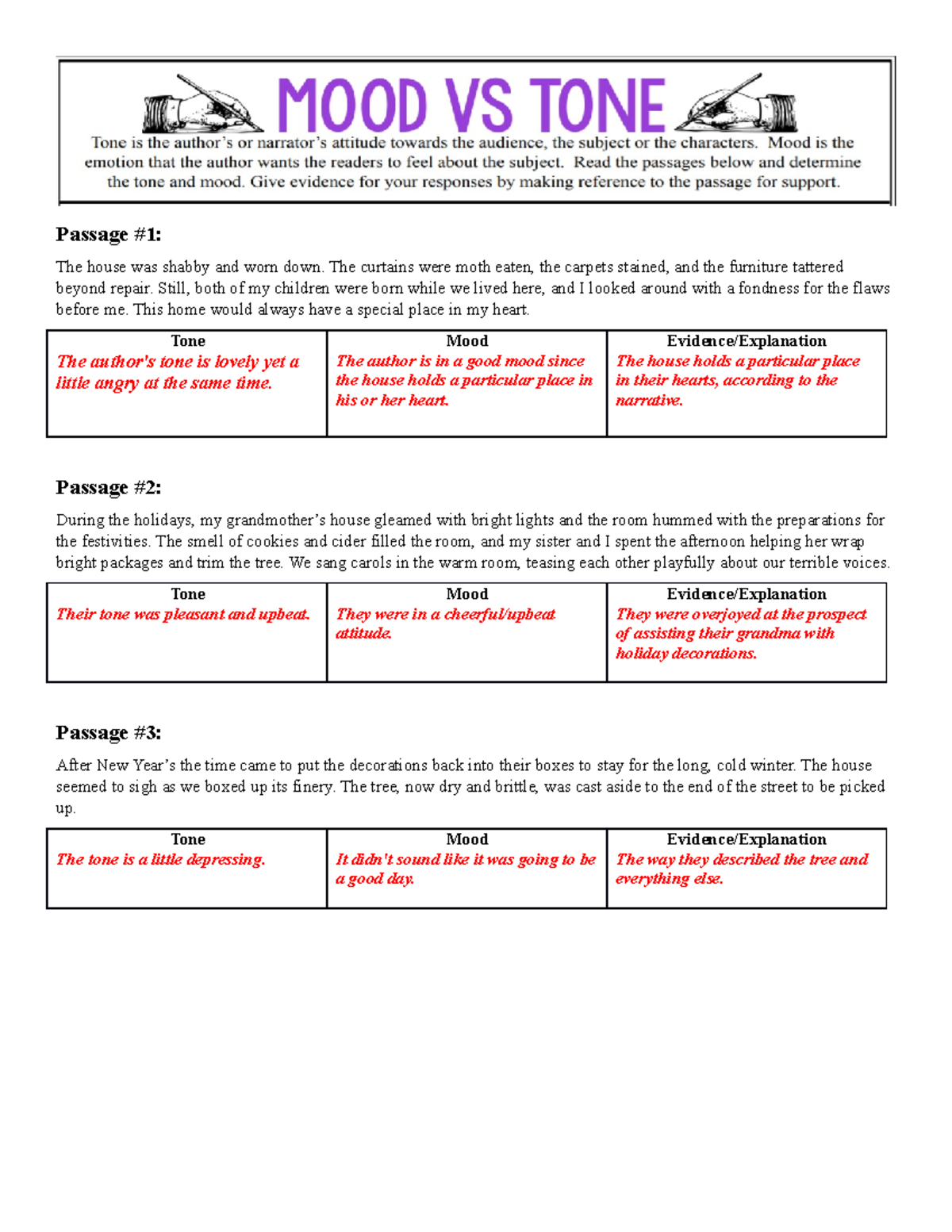 Mood Tone Passasge Activity 7 - Passage #1: The house was shabby and ...