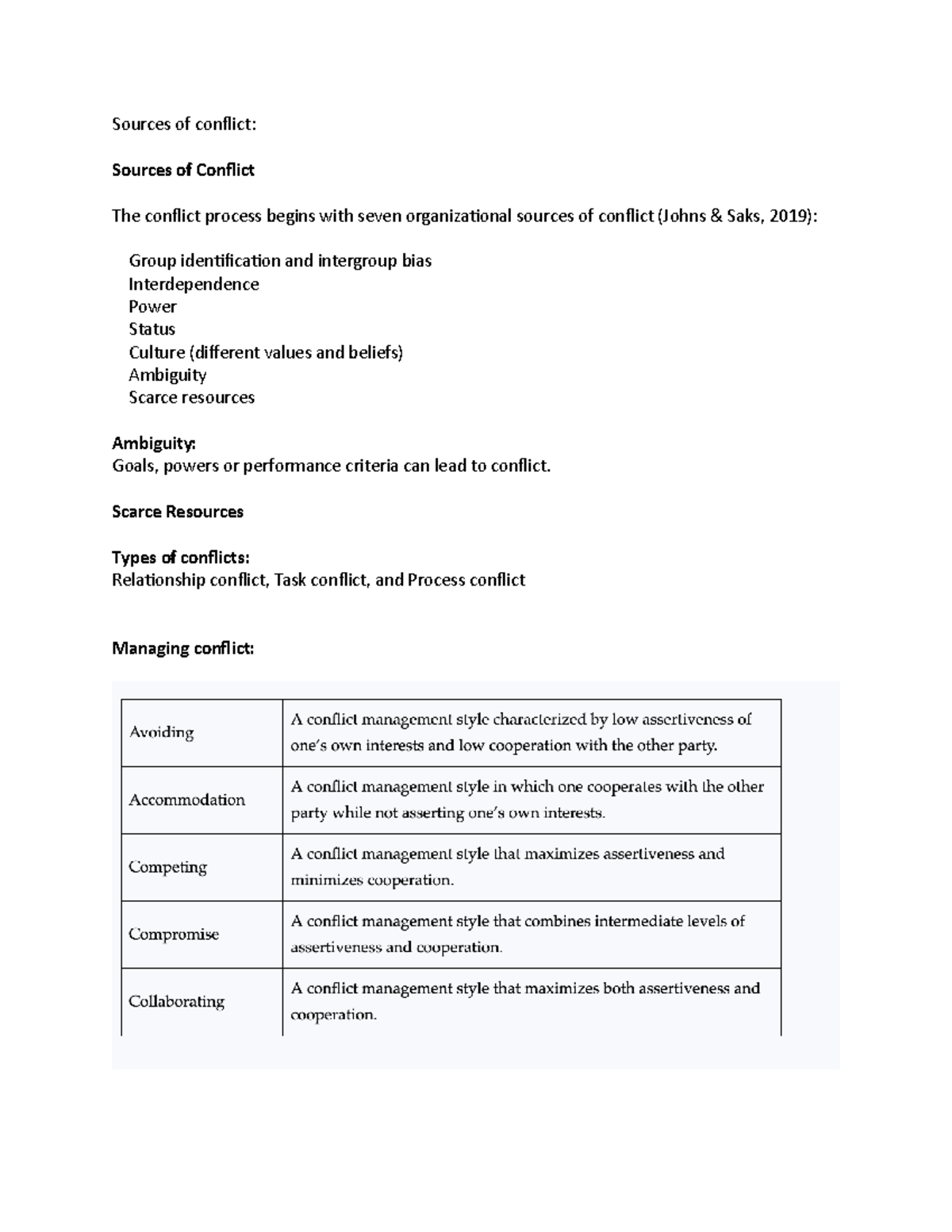 Summary of chapter 7-12 - Sources of conflict: Sources of Conflict The ...