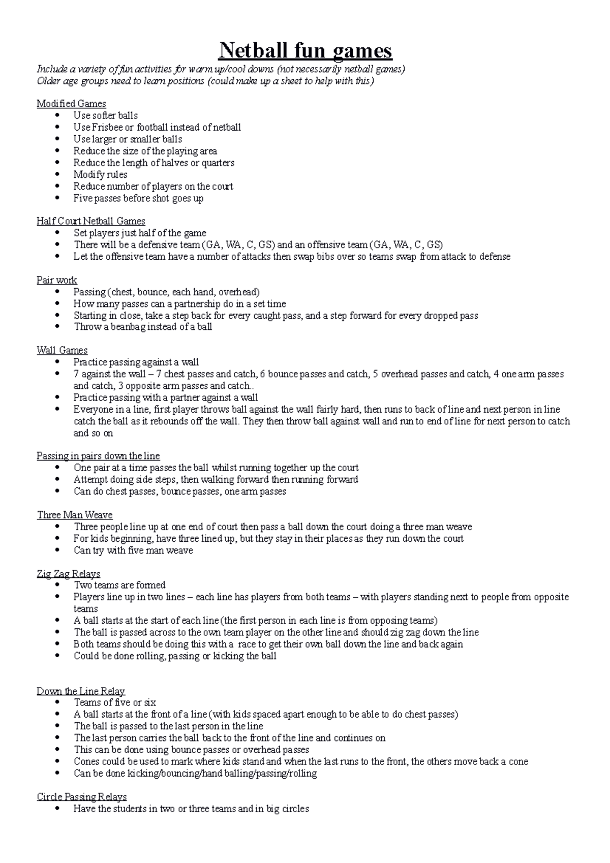 Netball fun games - pe notes - Netball fun games Include a variety of ...