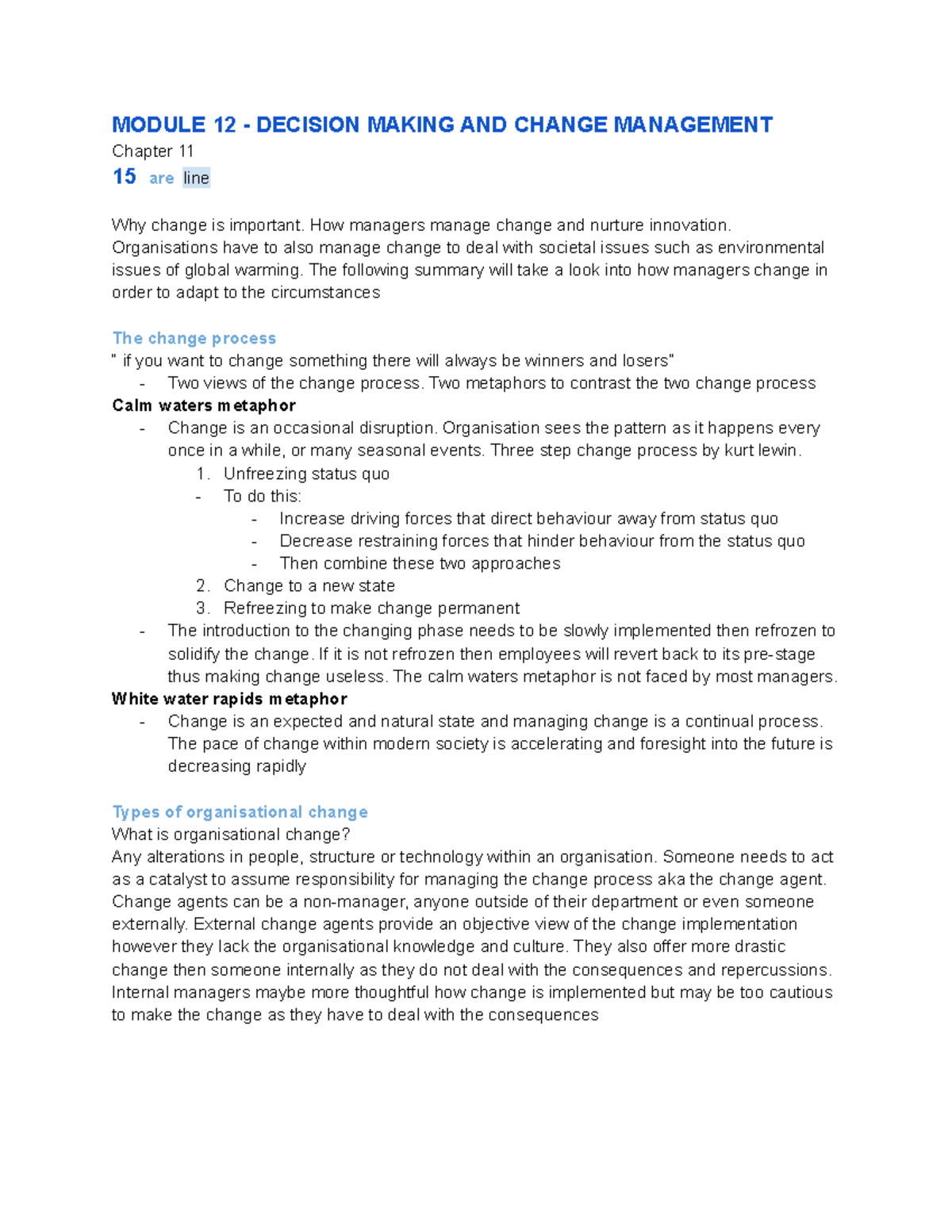 EL Week 12 notes - MODULE 12 - DECISION MAKING AND CHANGE MANAGEMENT ...