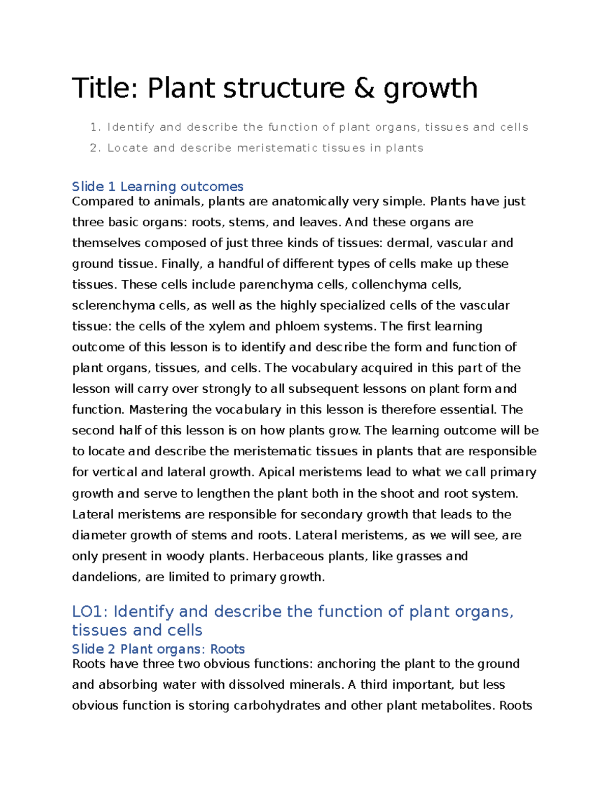 BIOL 225 Transcript PFF2 Plant structure and growth - Title: Plant ...