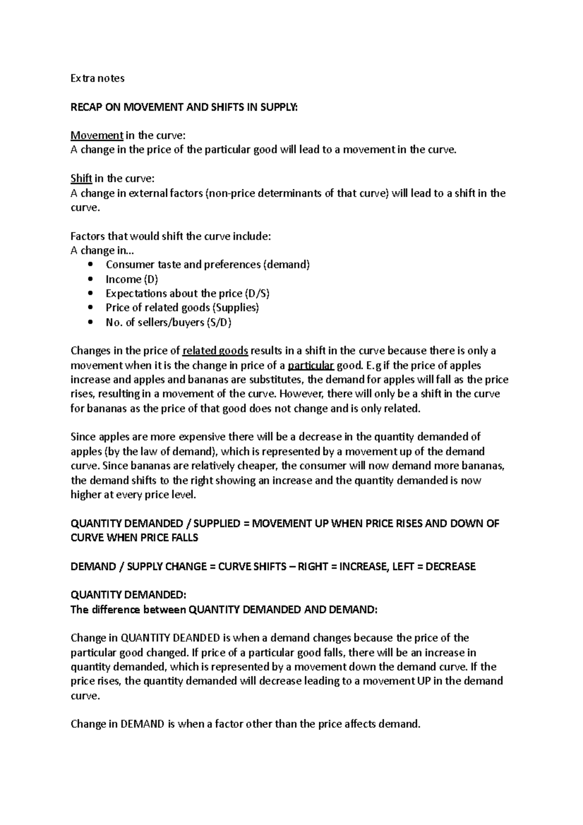 Extra notes - Extra notes RECAP ON MOVEMENT AND SHIFTS IN SUPPLY ...