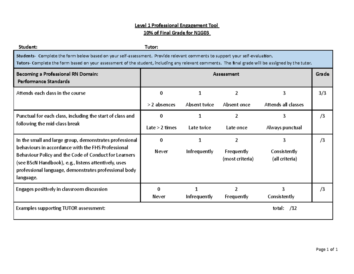1G03 Level I Engagement Rubric - Level 1 Professional Engagement Tool ...