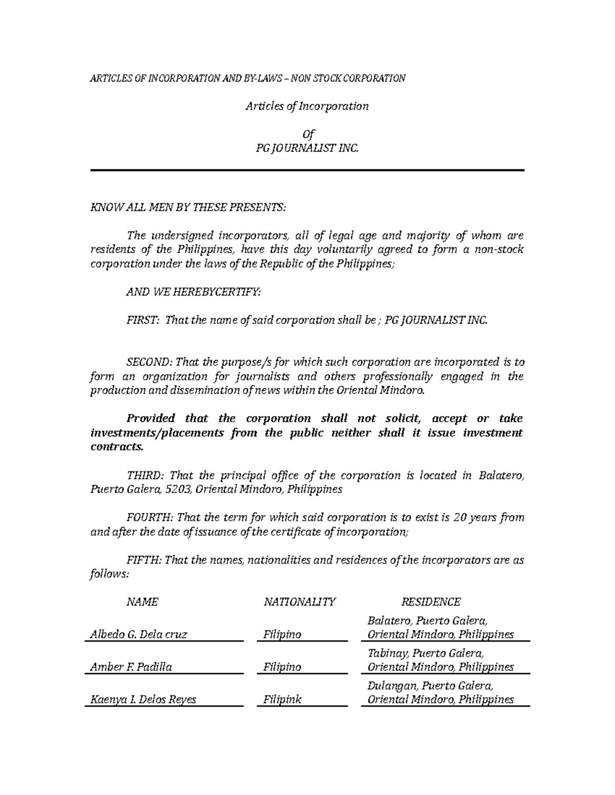 Articles Of Incorporation And By Laws Non Stock Corporation