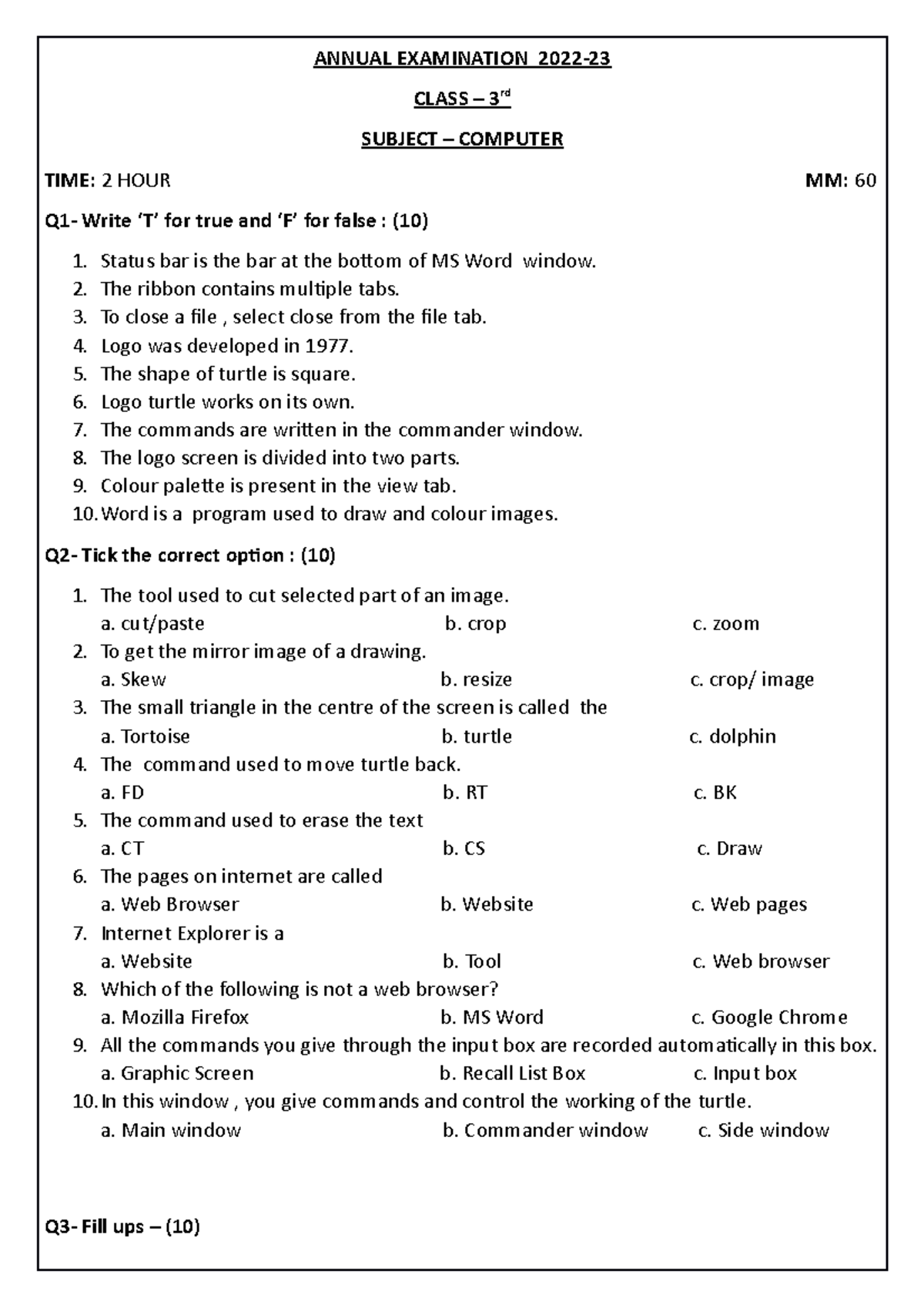 Annual Examination 2022 class 3 comp - ANNUAL EXAMINATION 2022- CLASS ...