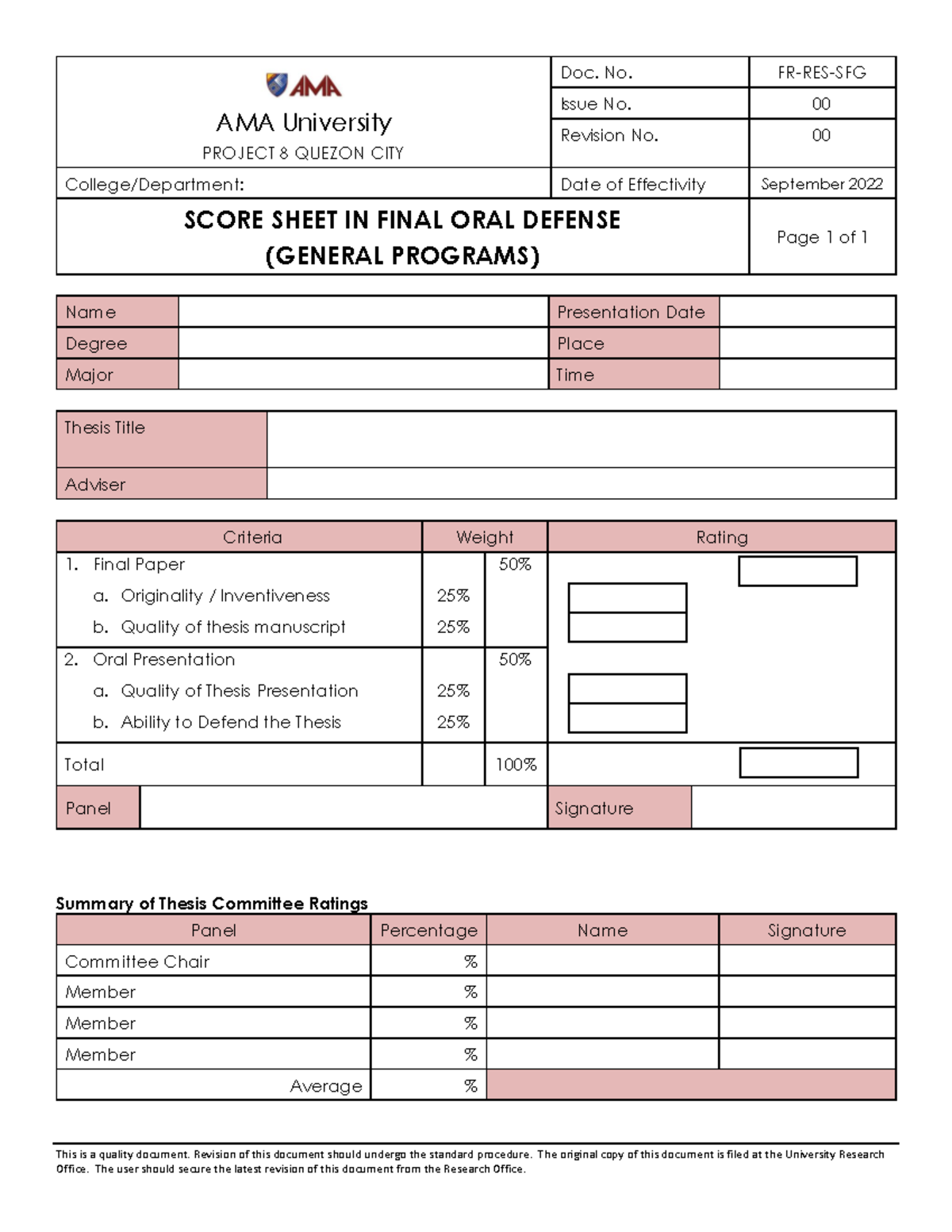 FR-RES-SFG Score Sheet in Final Oral Defense-General Programs - AMA ...