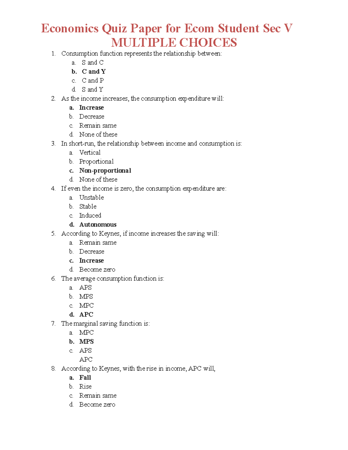 Economics Quiz Paper for Ecom Student Sec VI - MULTIPLE CHOICES ...