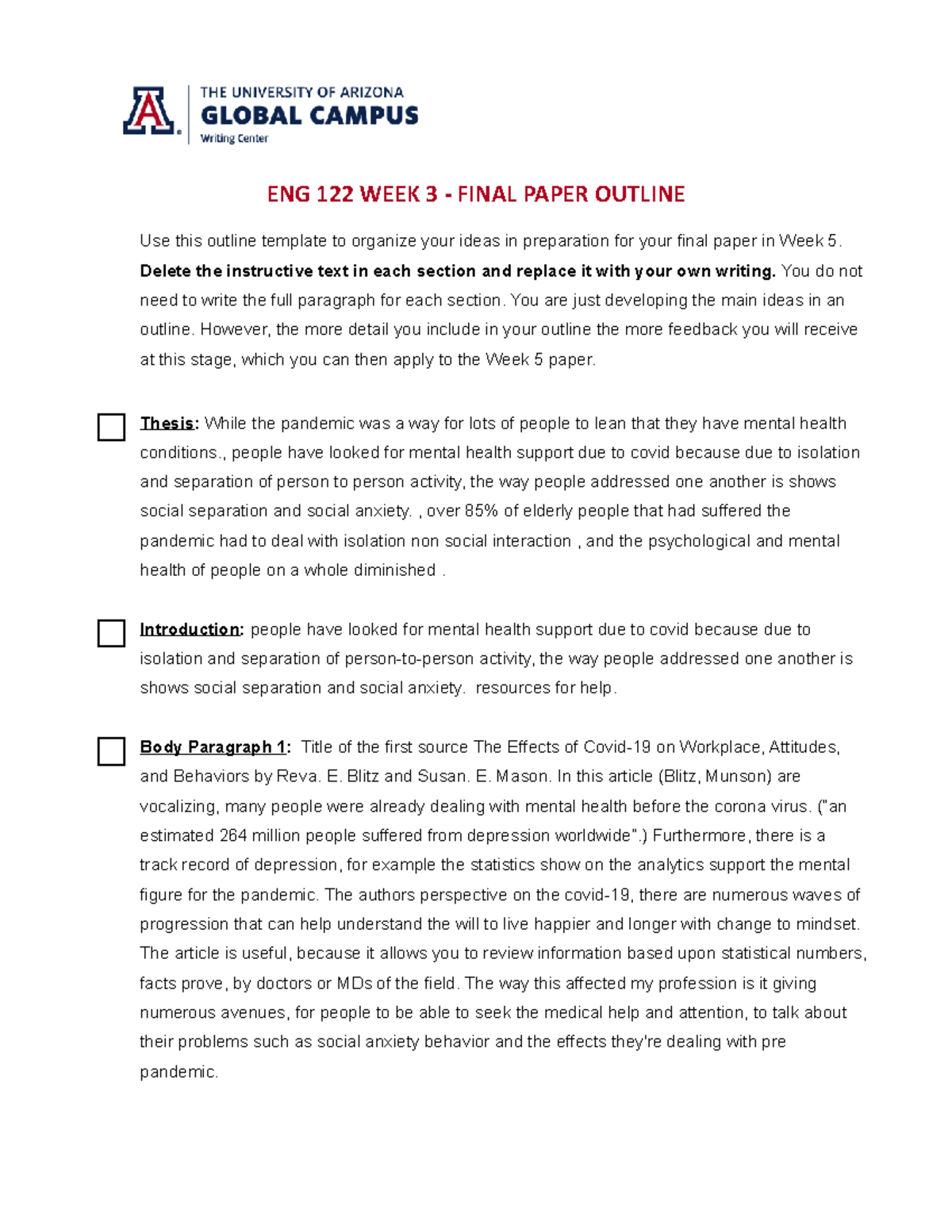 Week 3 Outline Template draft - ENG 122 WEEK 3 - FINAL PAPER OUTLINE ...