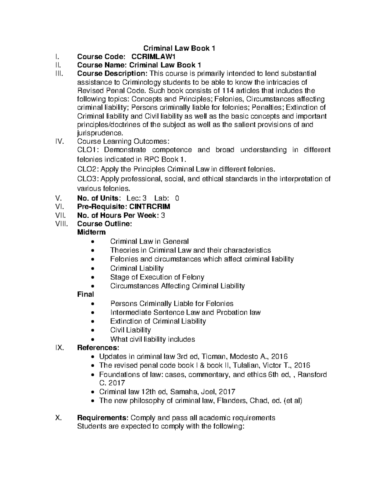 Ccrimlaw 1 - for assignments - Criminal Law Book 1 I. Course Code ...