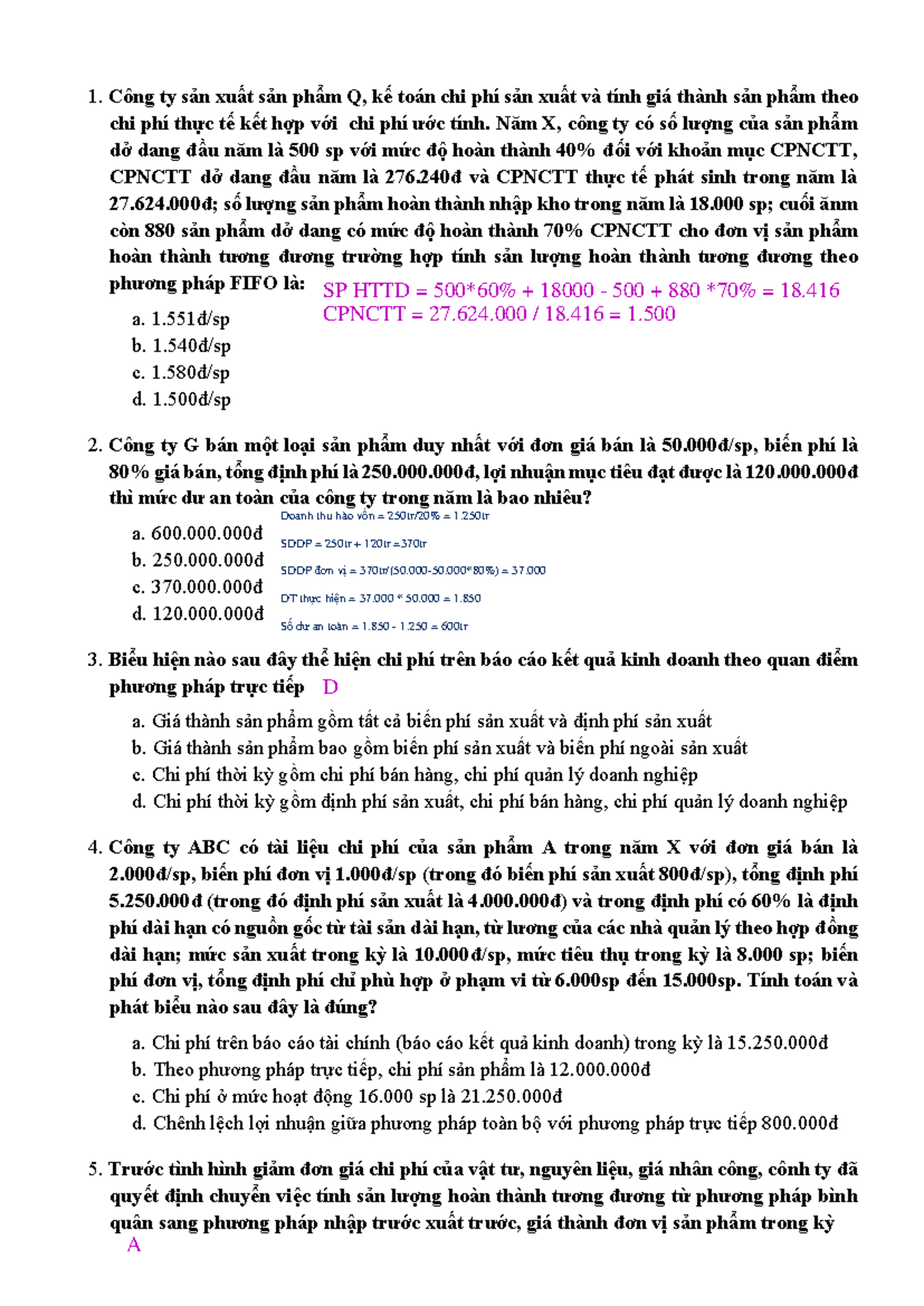 KTQTri 1 - onn tap kiemtra - Công ty sản xuất sản phẩm Q, kế toán chi phí sản xuất và tính giá ...