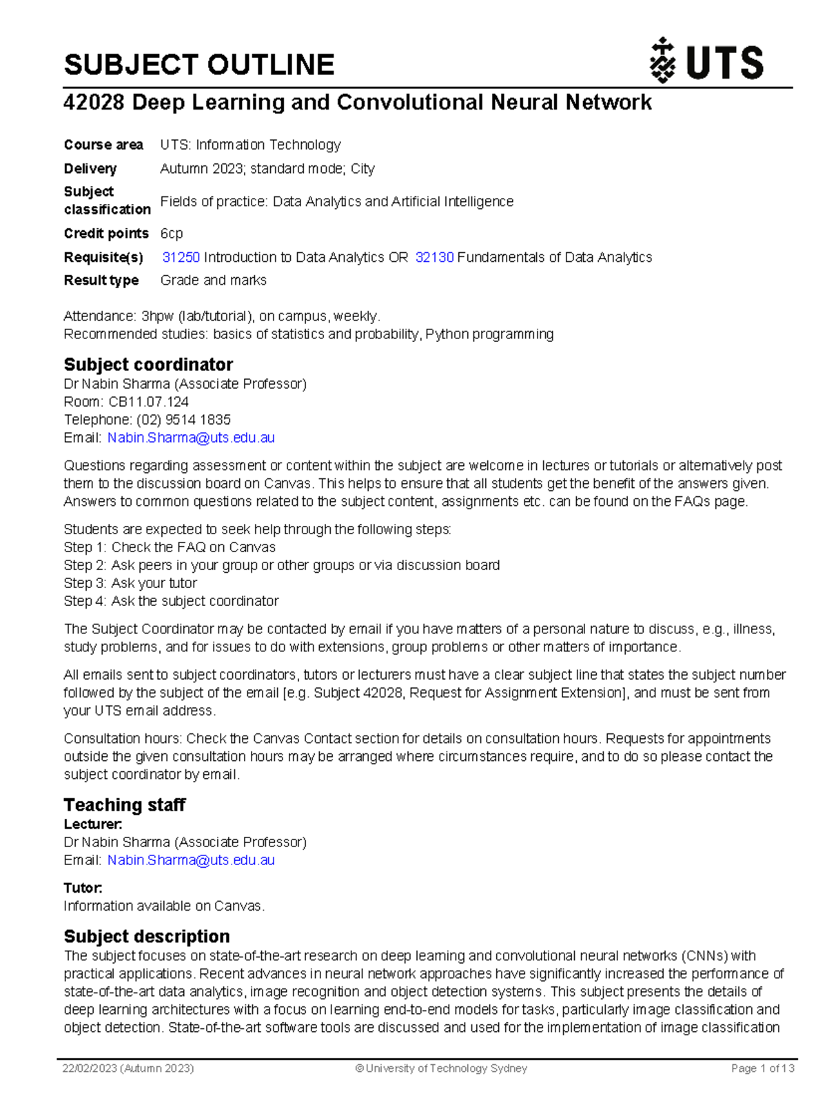 42028 Subject Outline - SUBJECT OUTLINE 42028 Deep Learning and Convolutional Neural Network ...