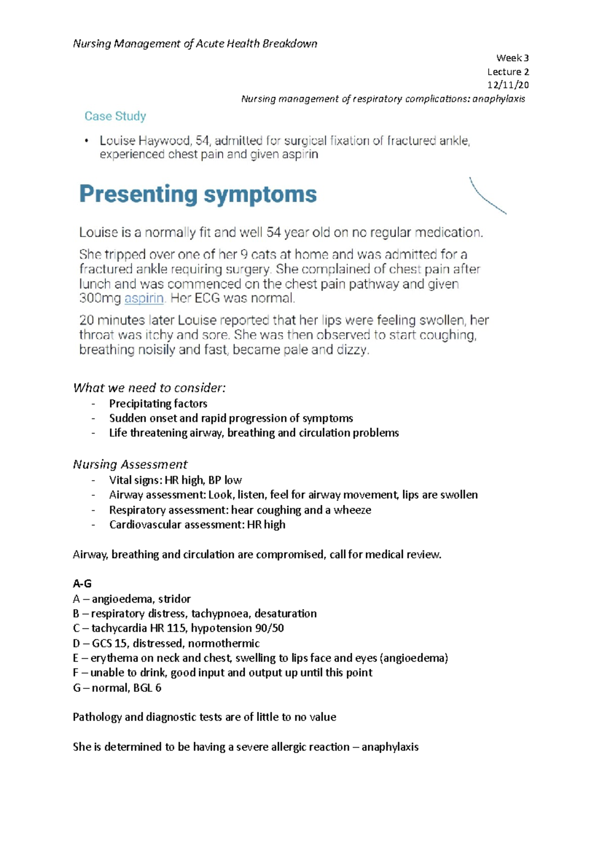 Week 3, Lecture 2 - Nursing Management of Acute Health Breakdown Week 3 ...
