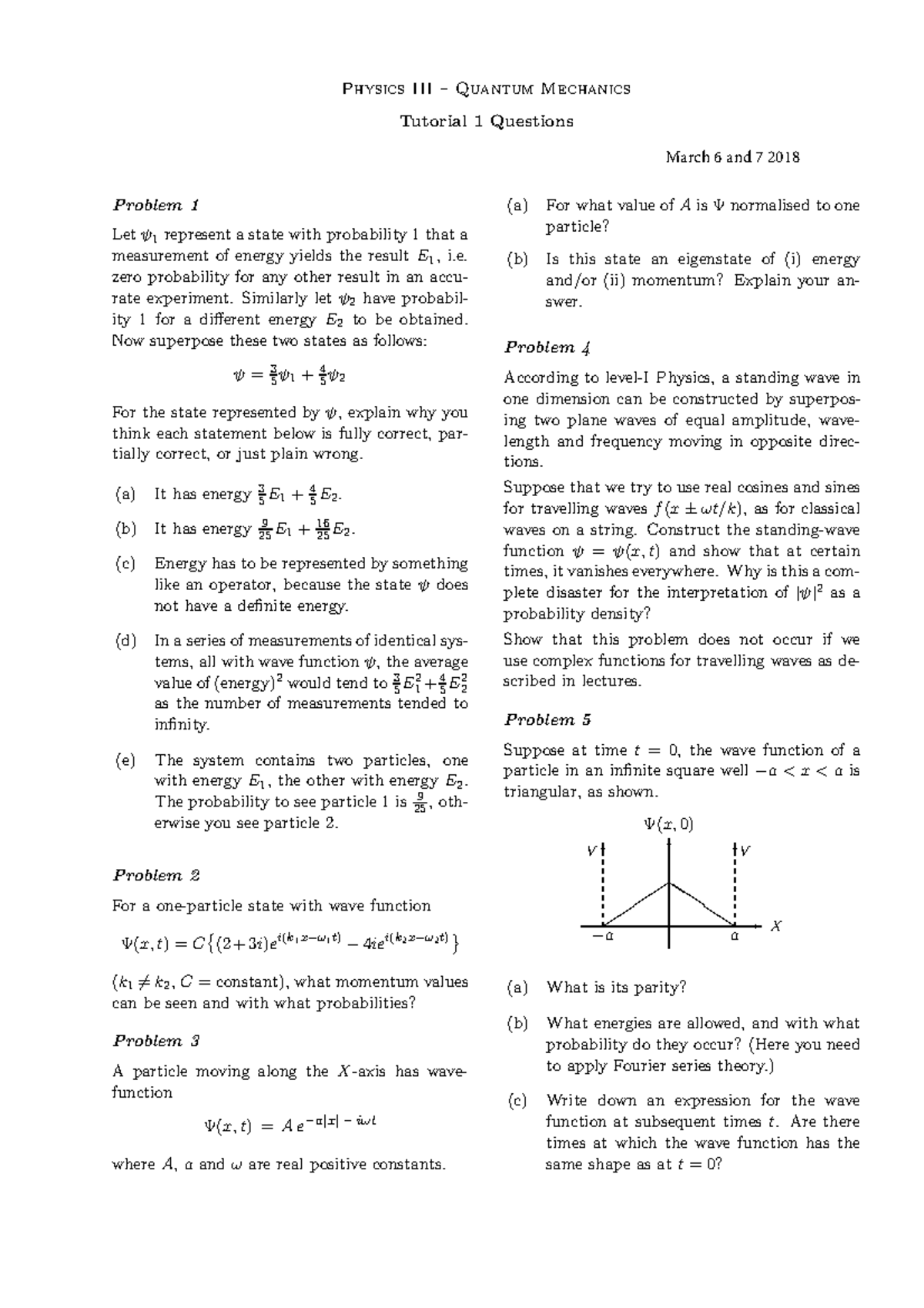 PHYS3 QM Tutorial 1 (2018 ) - Physics III – Quantum Mechanics Tutorial ...