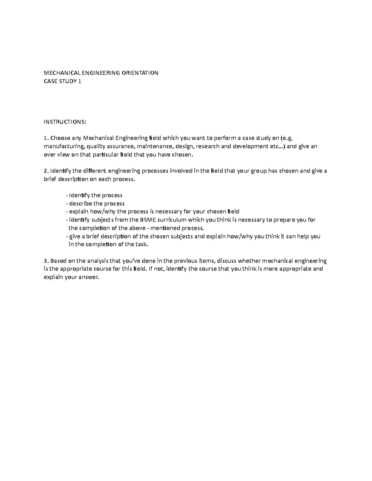 ME orientation case study 1 - MECHANICAL ENGINEERING ORIENTATION CASE ...