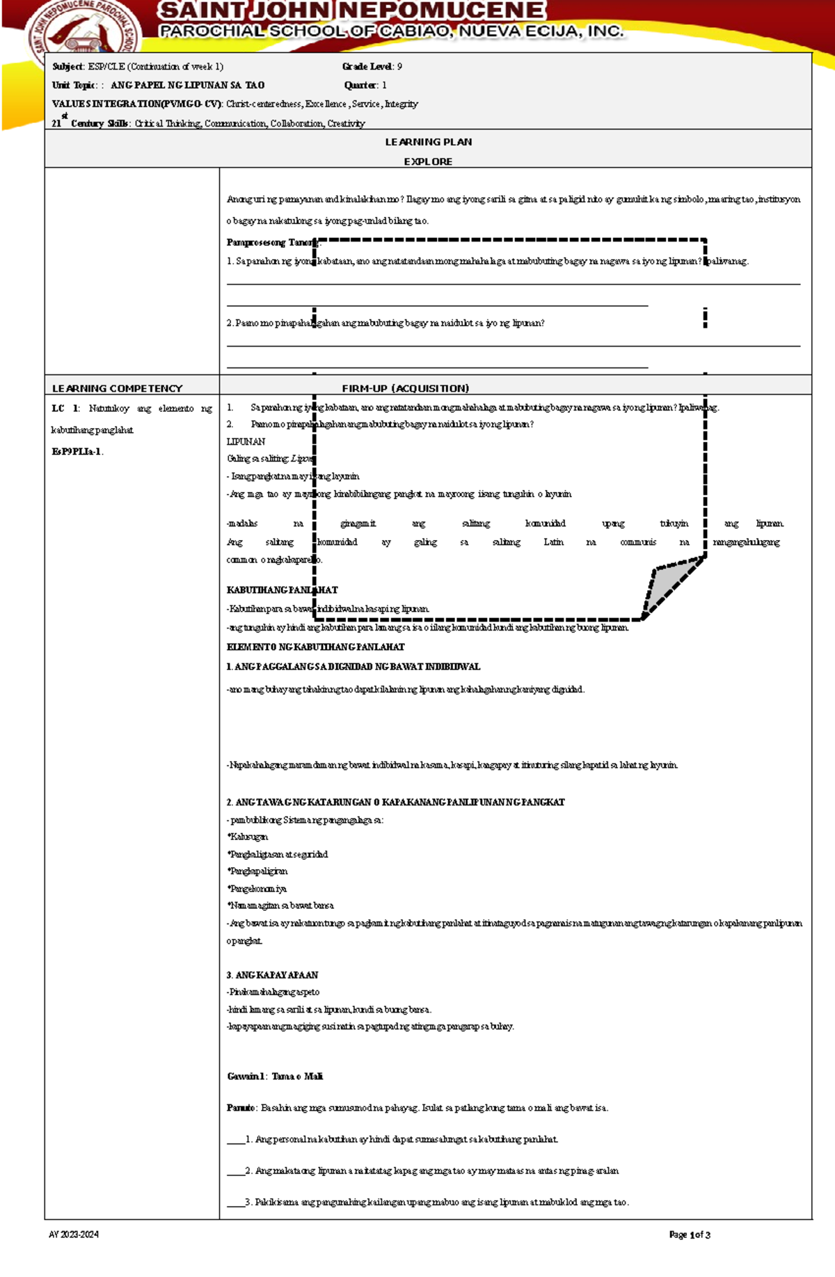 WEEK1-Q1-ESP 9 - Subject: ESP/CLE (Continuation of week 1) Grade Level ...