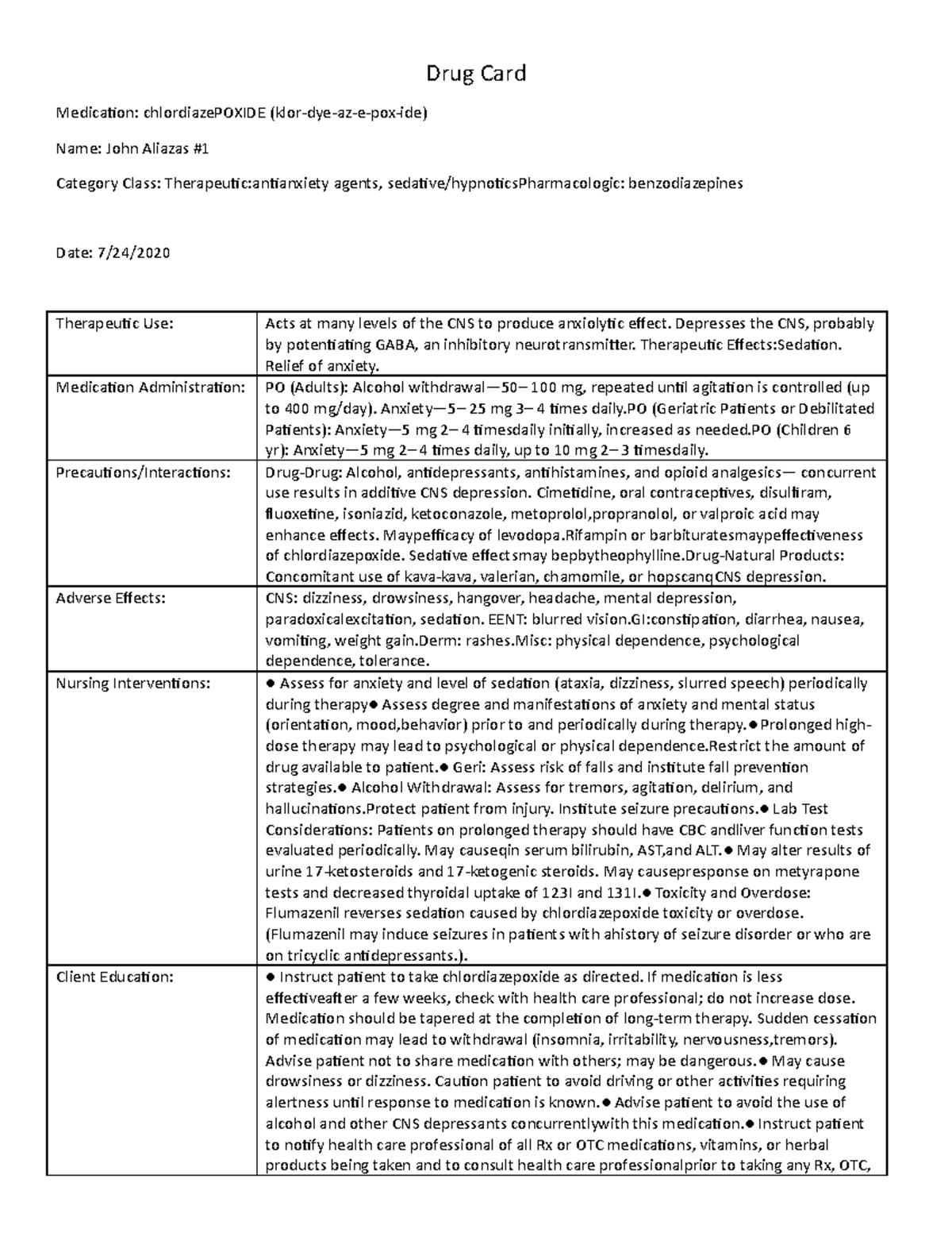 Drug Card Chlordiazepoxide - Drug Card Medication: chlordiazePOXIDE ...