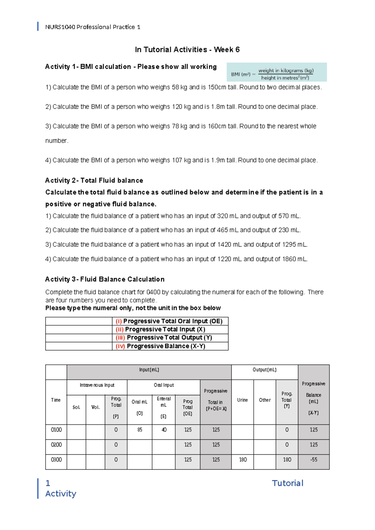 NURS1040 Tutorial Week 6 In Tutorial Activity Sheet - NURS1040 Professional Practice 1 In ...
