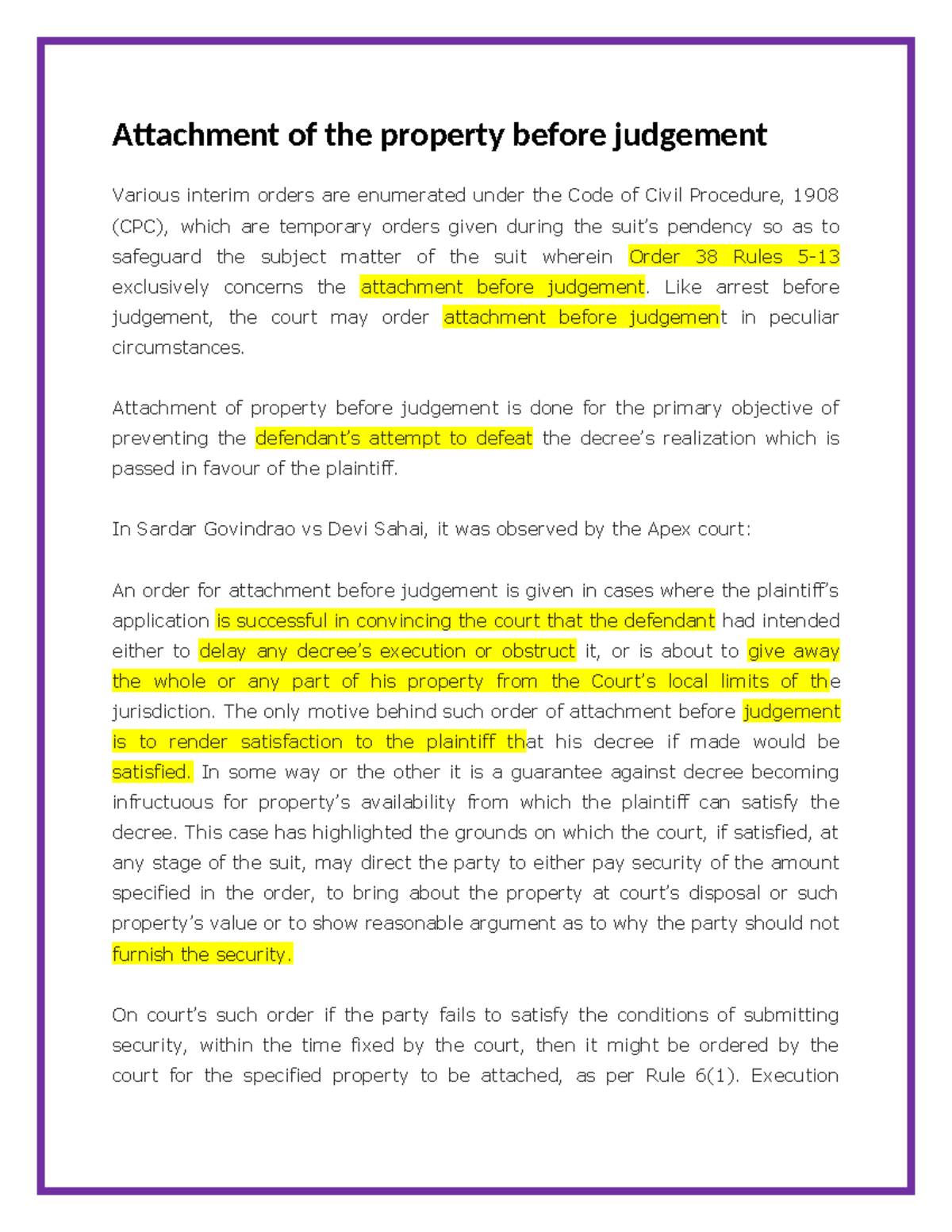 Attachment of the property before judgement - Like arrest before ...