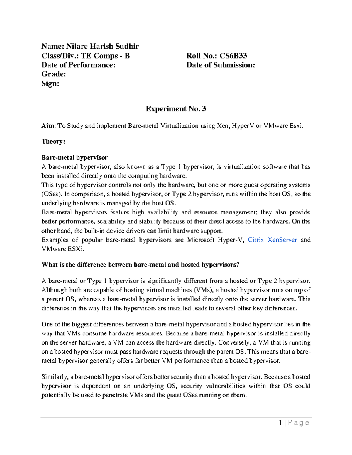 Cloud Computing Experiment 03 Studying Bare Metal Hypervisor - Name: Nilare Harish Sudhir - Studocu
