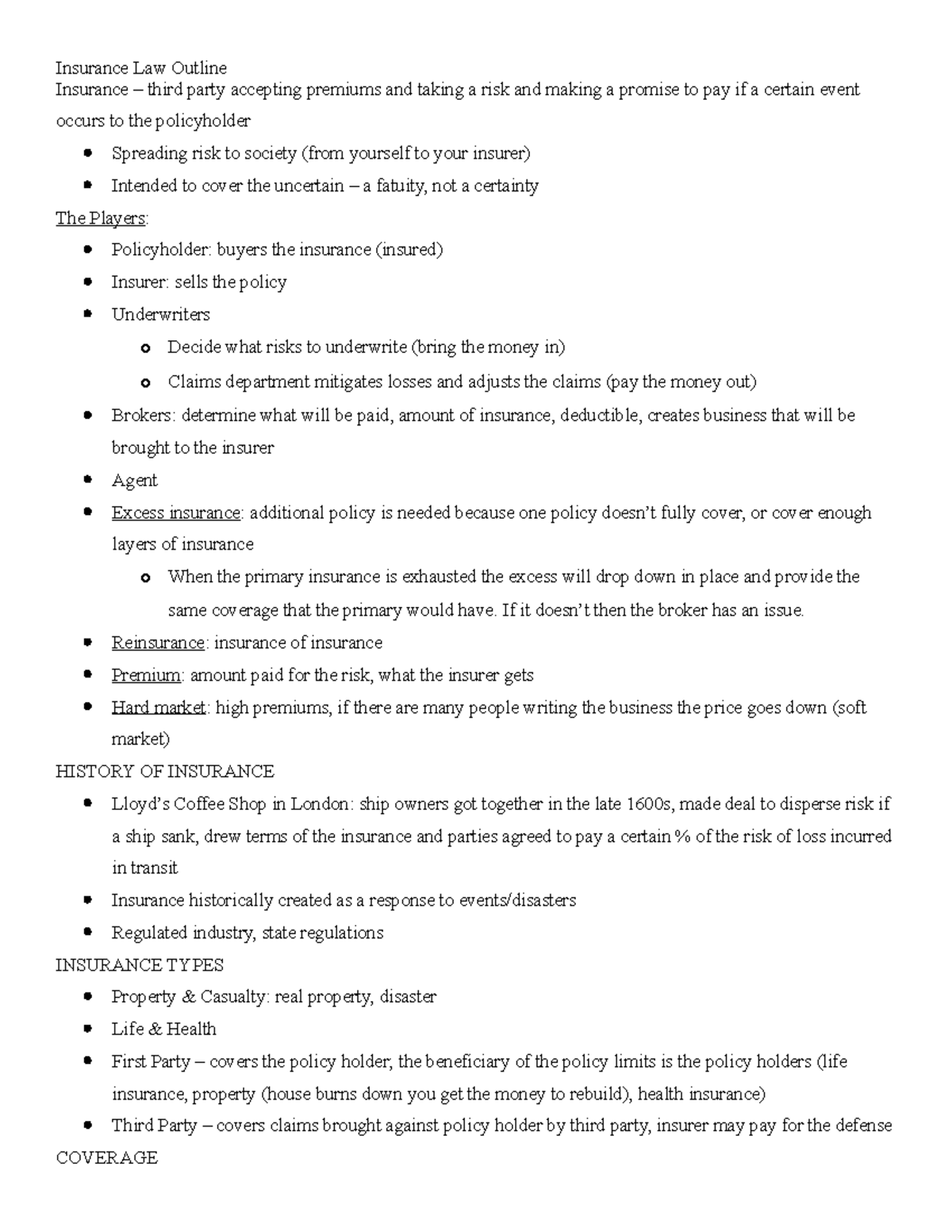 Insurance Law Outline - Insurance – third party accepting premiums and ...