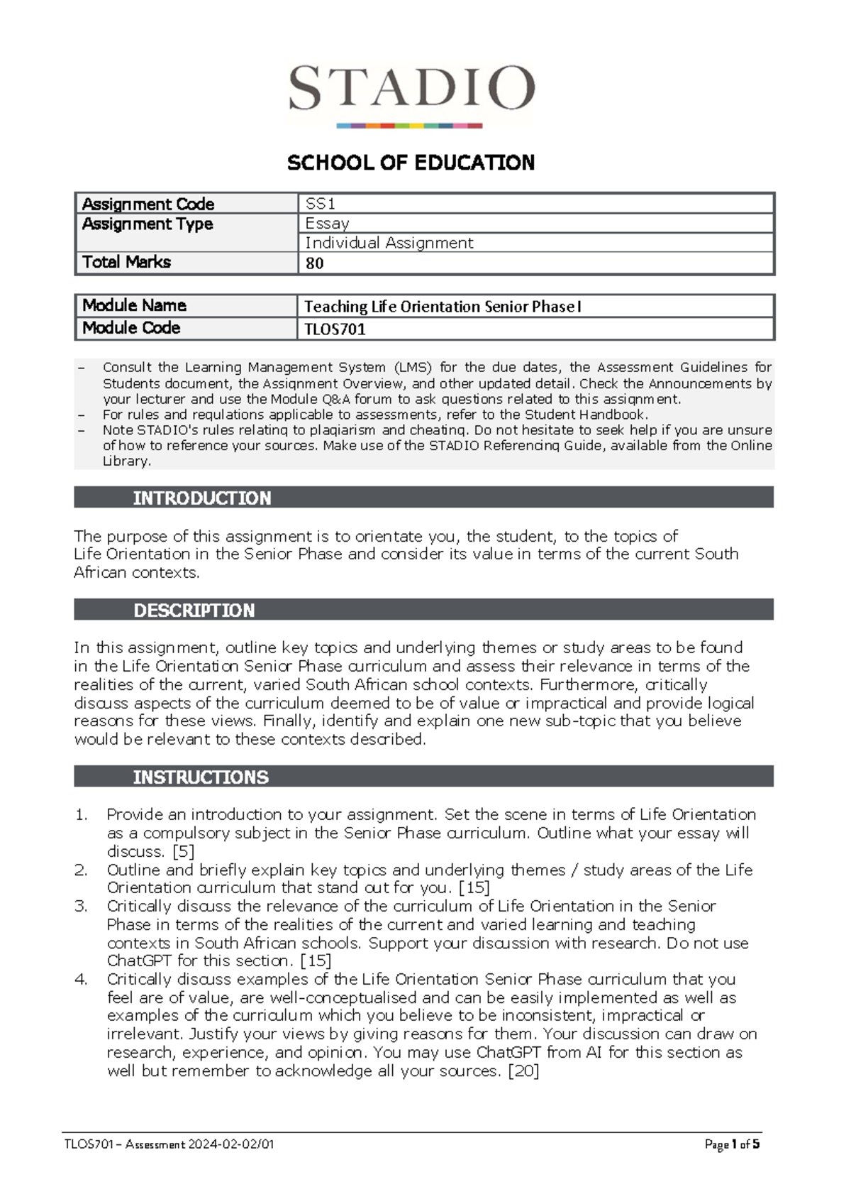 Stadio Assignment Template TLOS701-SS1 2024 - SCHOOL OF EDUCATION ...