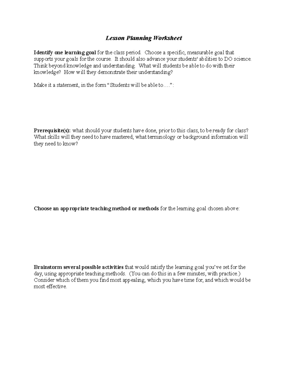 Lesson plan wor - Lesson Planning Worksheet Identify one learning goal ...