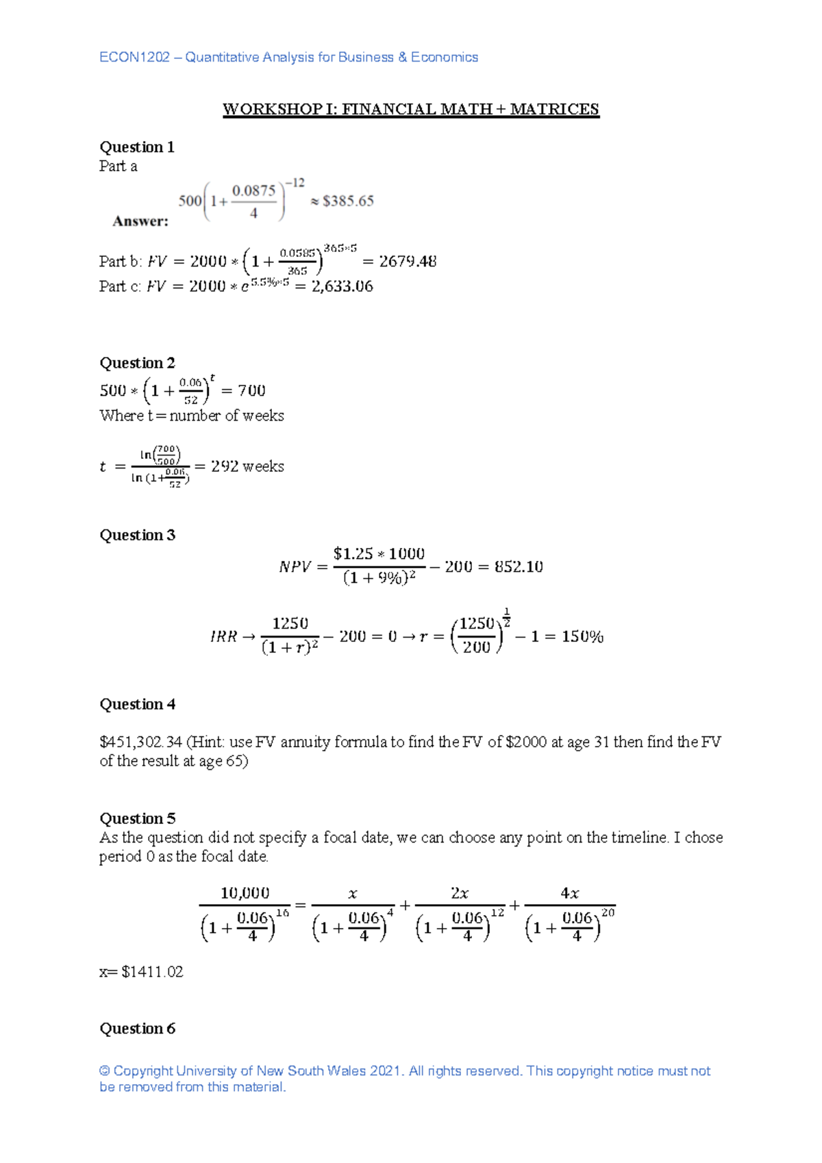 Workshop 1 Solutions - Econ1202 quantitative analysis for business and economics tutorial 1 ...