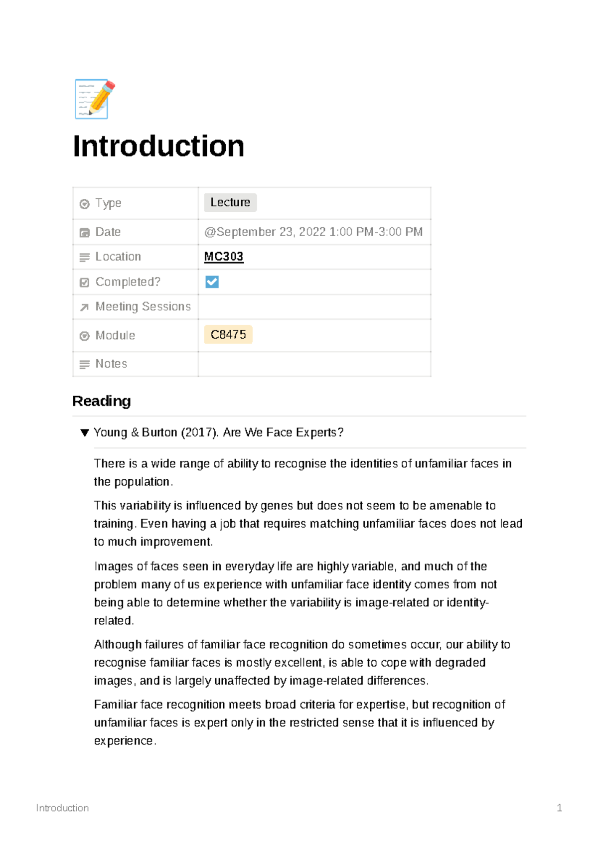Introduction face rec - Lecture Notes - Ë Introduction Type Lecture ...