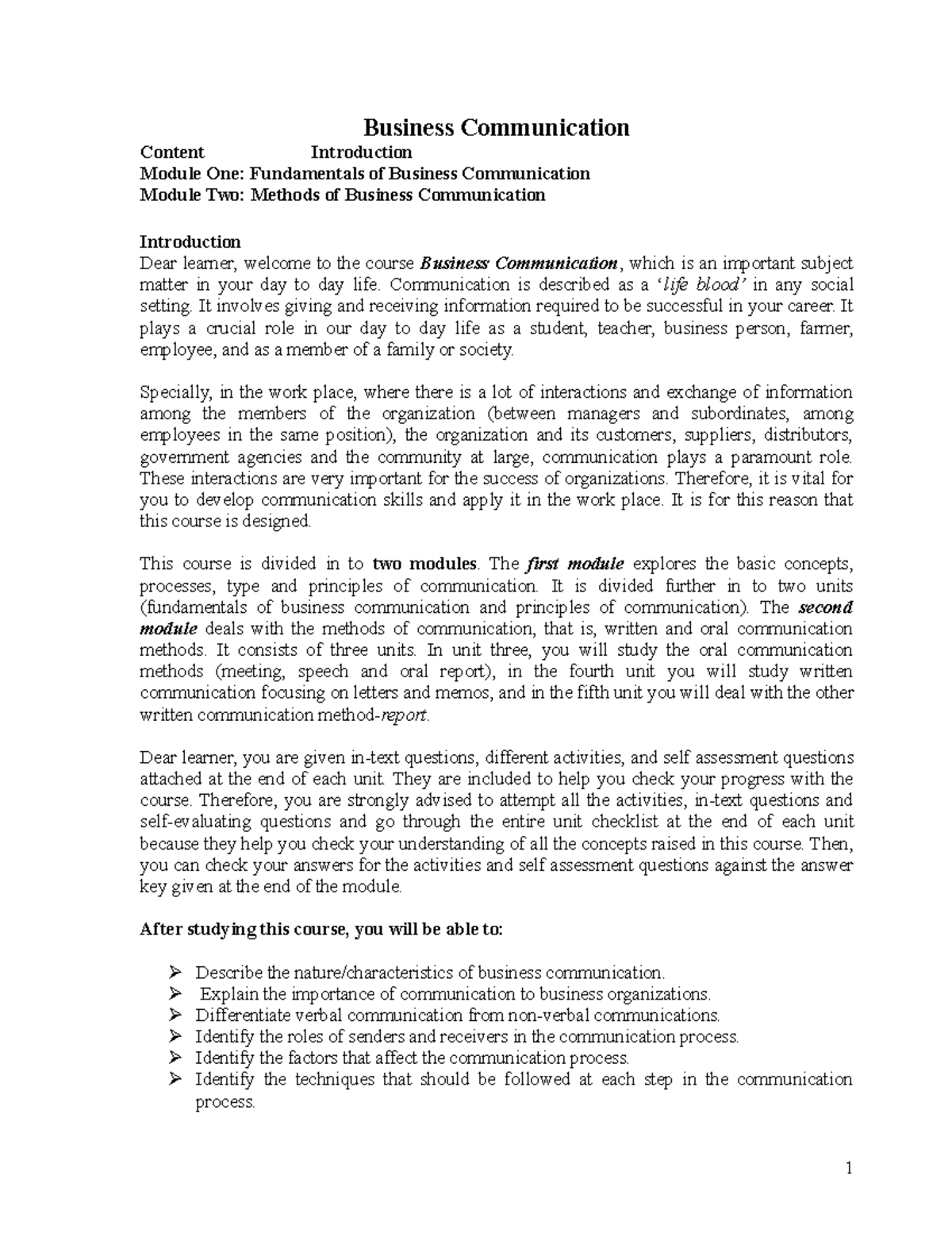 Business Communication Module One - Business Communication Content ...