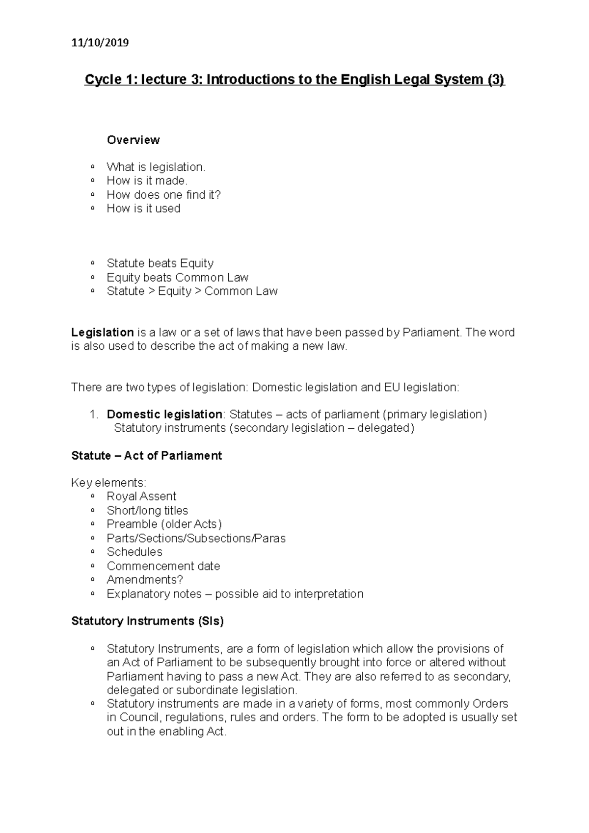 English Legal System - cycle 2 - 11/10/ Cycle 1: lecture 3 ...