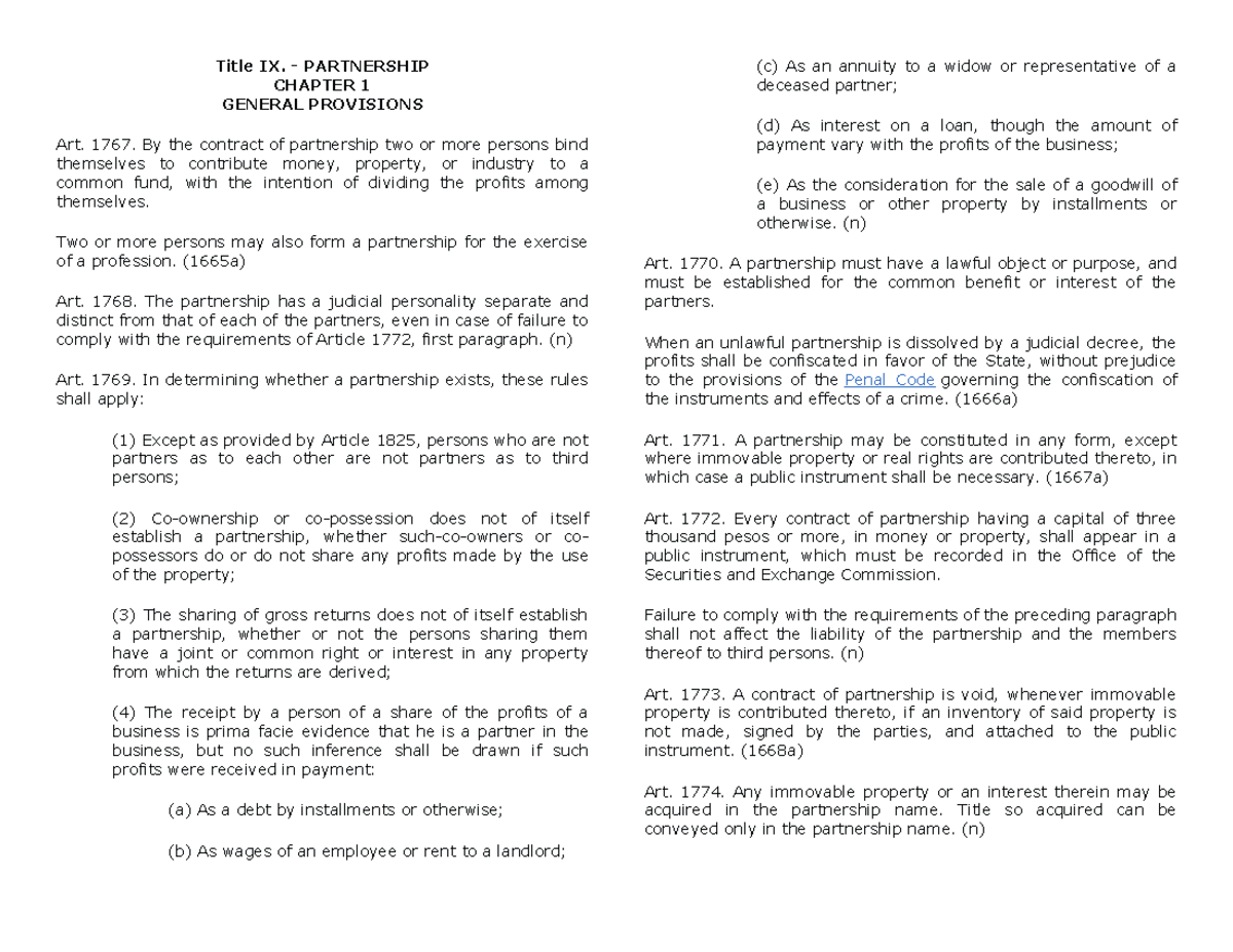 Title IX - Codals - Title IX. - PARTNERSHIP CHAPTER 1 GENERAL ...