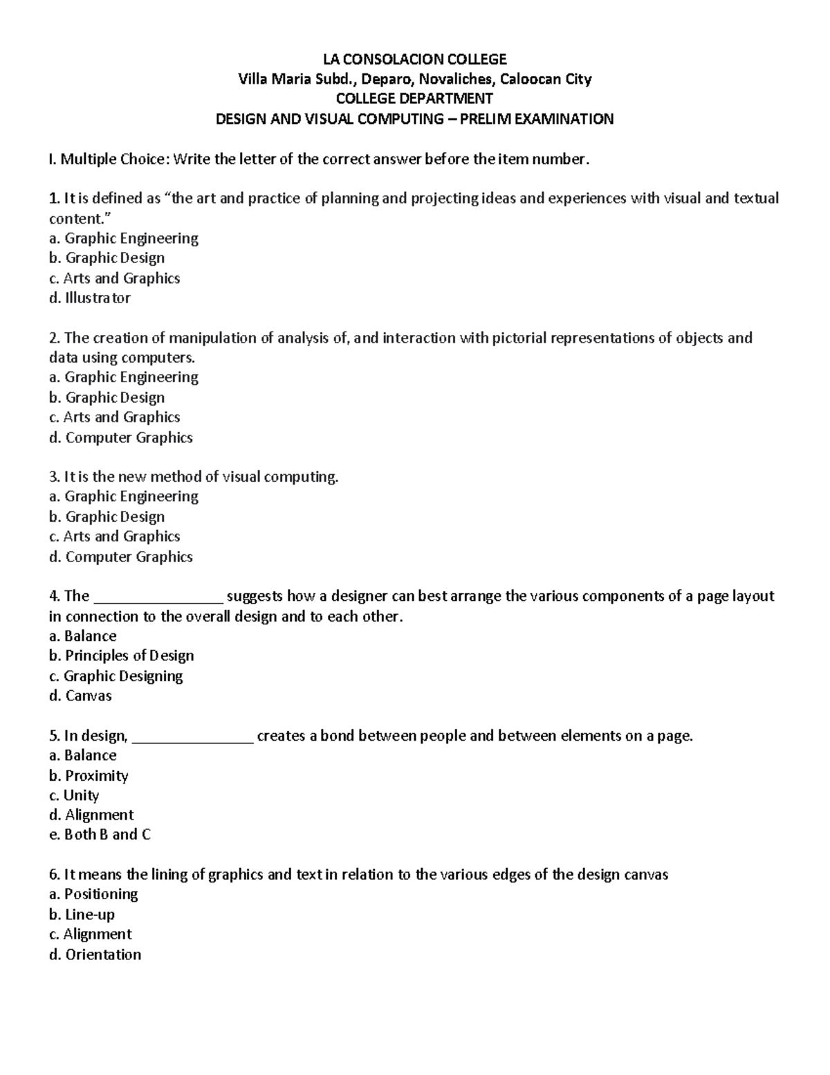 Prelim EXAM - Design AND Visual Computing - LA CONSOLACION COLLEGE ...