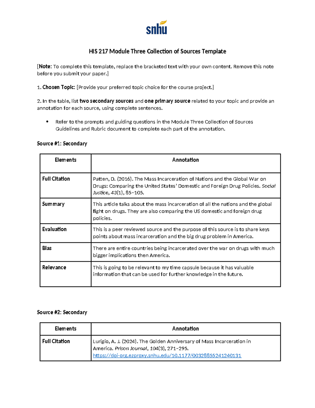 HIS 217 Module Three Collection of Sources Template - Remove this note ...