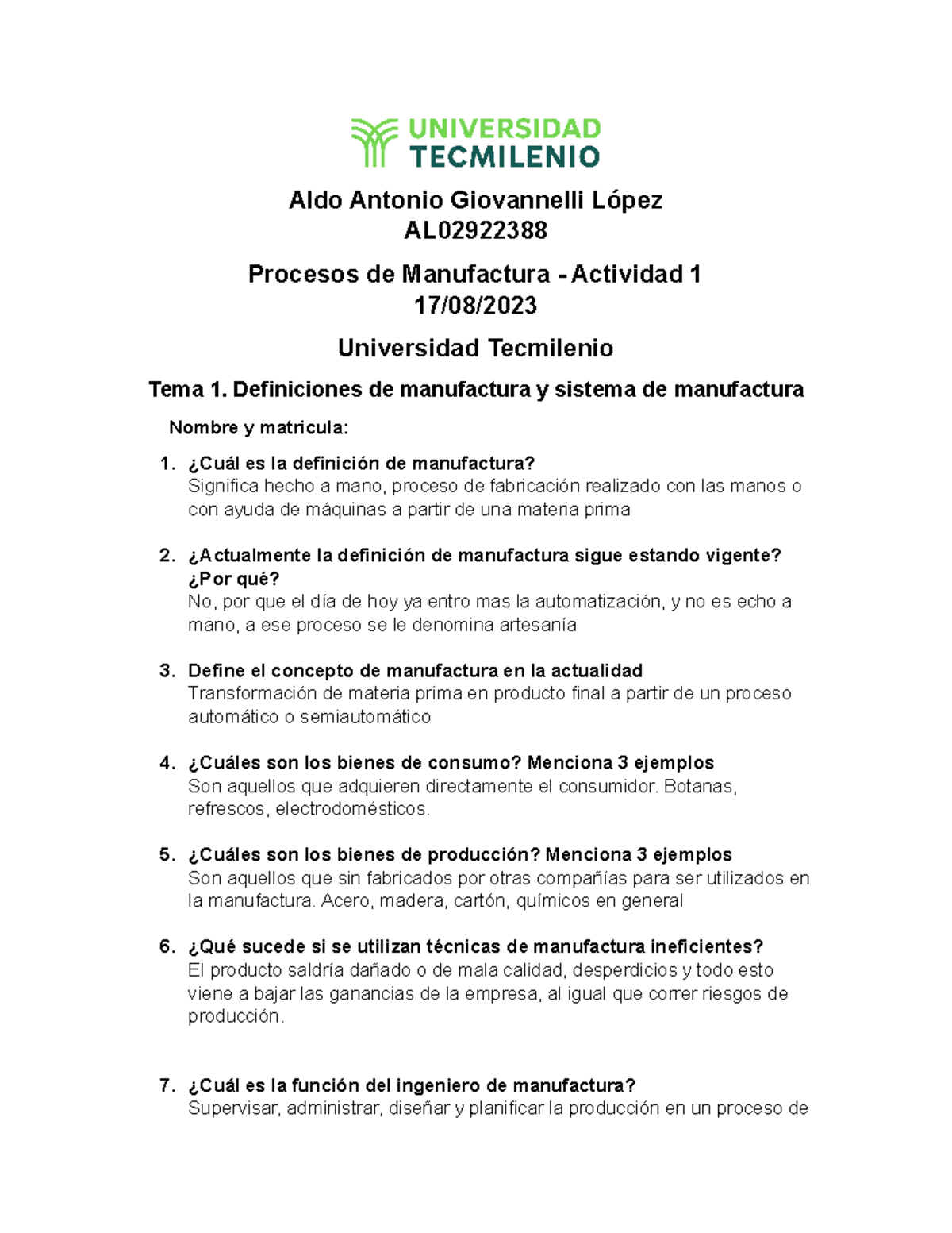 Actividad 1 Procesos de Manufactura - Aldo Antonio Giovannelli López AL Procesos de Manufactura ...
